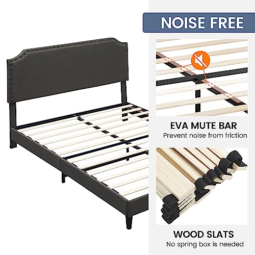 GAOMON Queen Bed Frame with Headboard Adjustable Upholstered Bed Frame Queen Size with Nailhead Trim Headboard, Mattress Foundation, Strong Wood Slat Support, No Box Spring Needed, Dark Grey