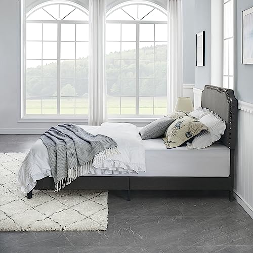 GAOMON Queen Bed Frame with Headboard Adjustable Upholstered Bed Frame Queen Size with Nailhead Trim Headboard, Mattress Foundation, Strong Wood Slat Support, No Box Spring Needed, Dark Grey