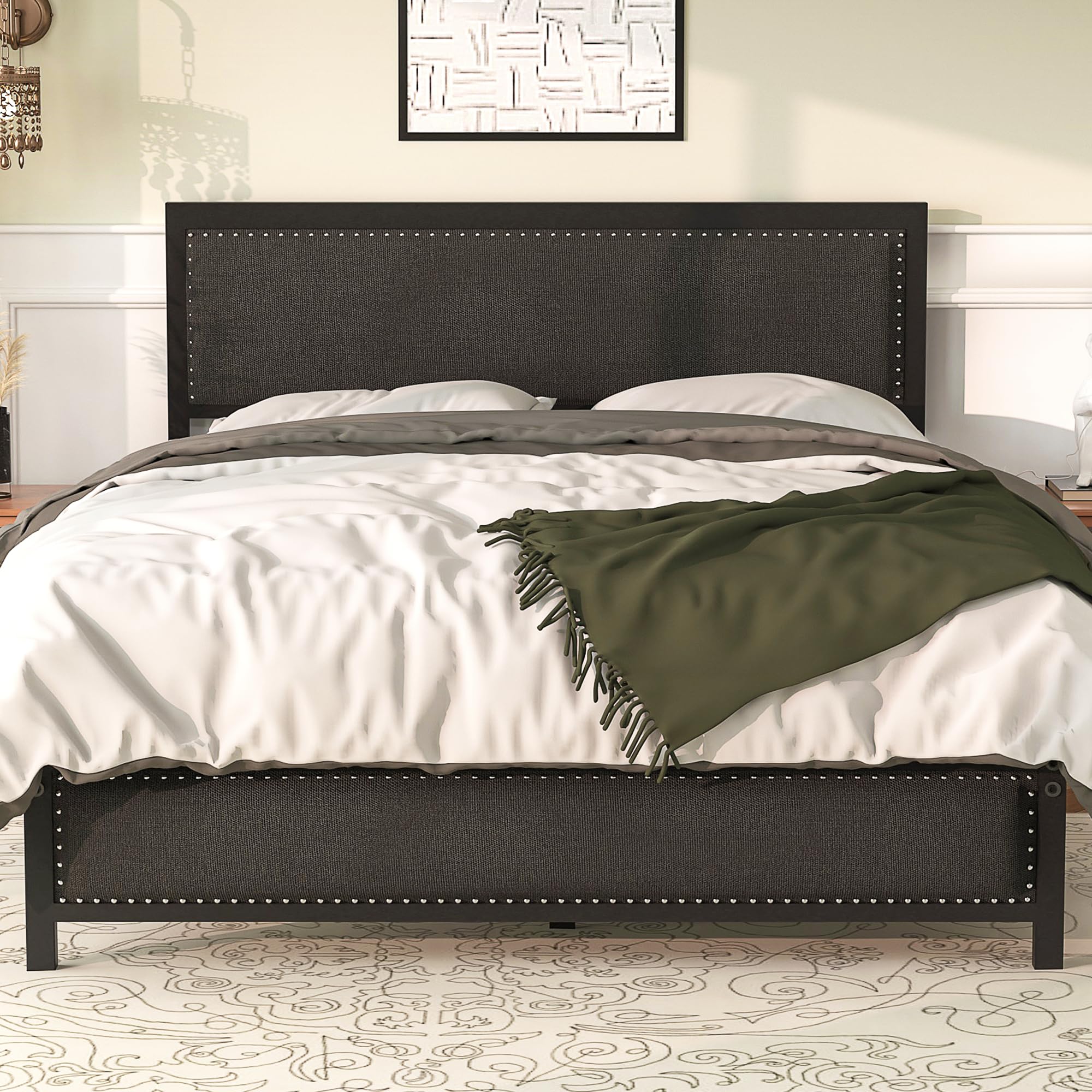 VECELO Queen Size Bed Frame with Linen Fabric Headboard and Footboard, Heavy-Duty Platform with Strong Steel Slats, No Box Spring Needed, Easy Assembly, Black