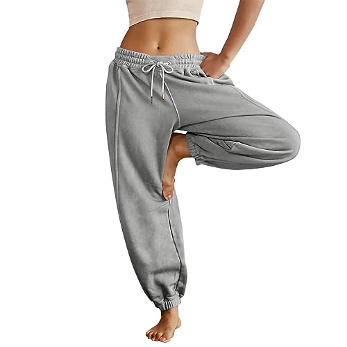 Grey Sweatpants, Women's High Waist Solid Color Casual Trousers Workout Sports Joggers Pants with Pockets Work Joggers for Women Fold Over Yoga Pants Petite Joggers Sweatpants (XXL, Gray)