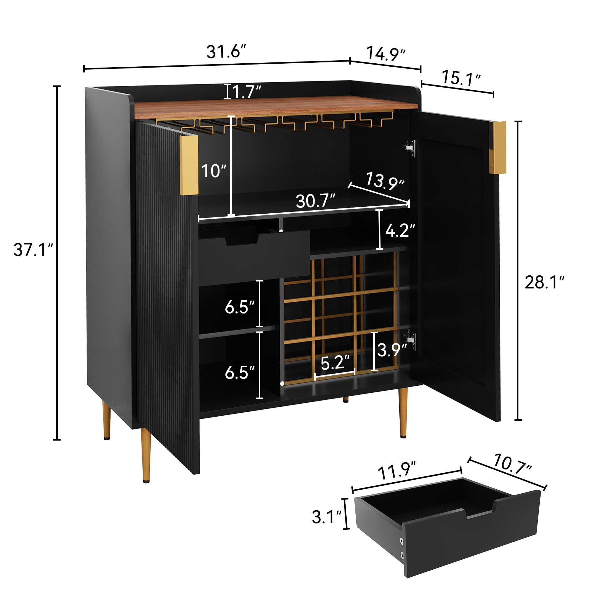 ARTPOWER Sideboard Buffet Cabinet with Fluted Texture, Modern Coffee Bar Cabinet with Wine Rack&Drawers, Black Liquor Cabinet for Kitchen Dining Room, Living Room