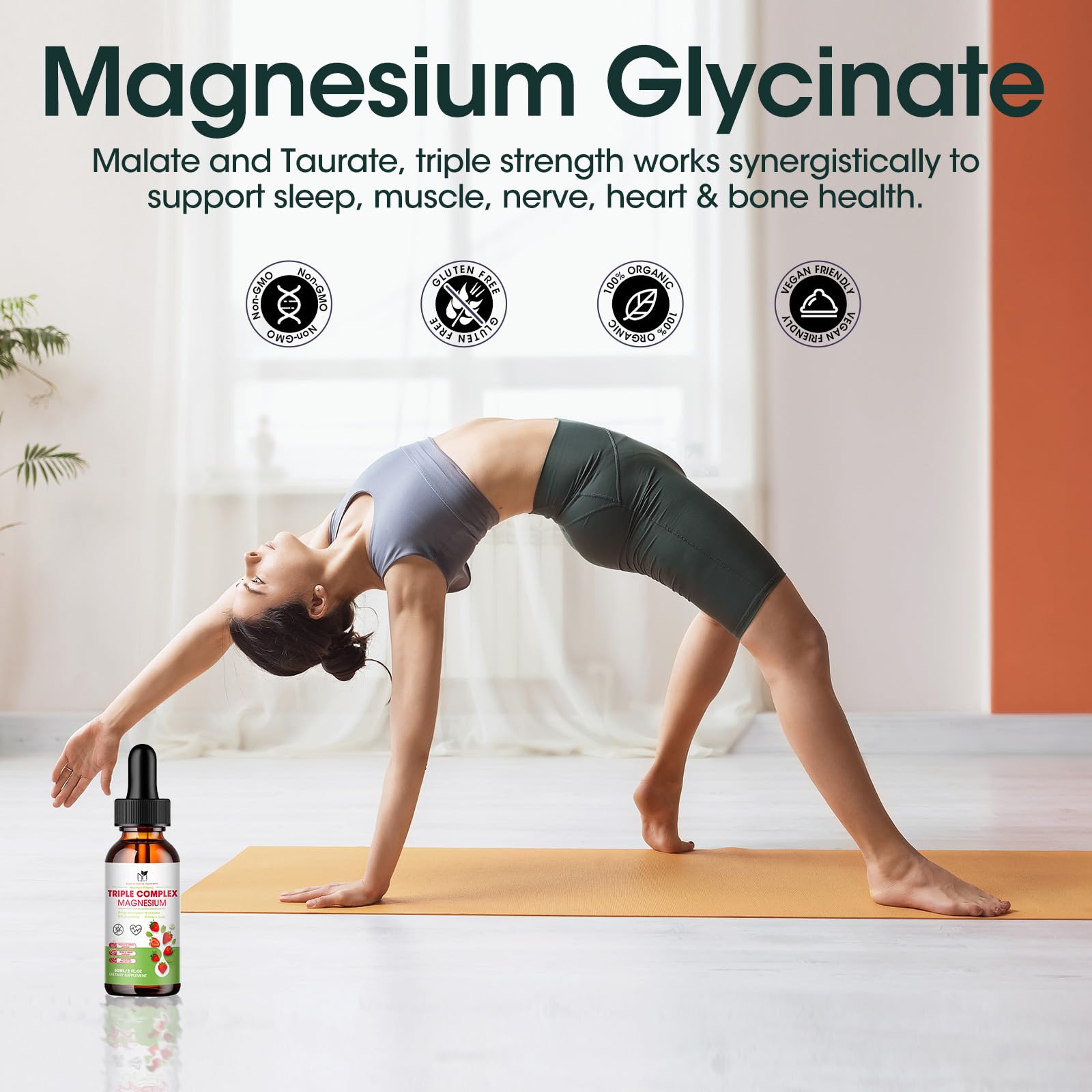 Liquid Magnesium Glycinate 500mg - Triple Complex Magnesium with Glycinate,Malate,Taurate,Chelated Magnesium for Sleep,Cramps,Cardiovascular,Blood Pressure SupportF