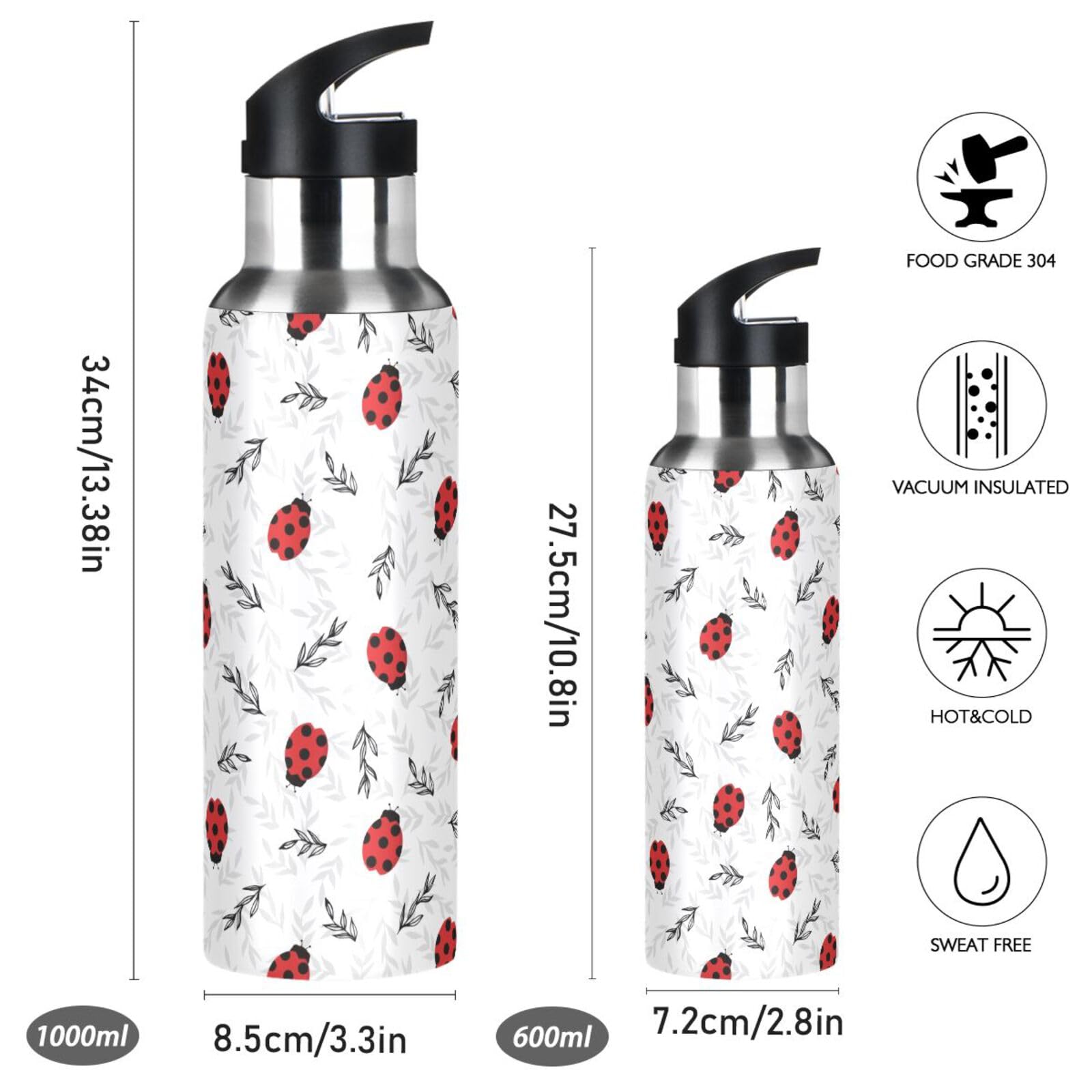 Ladybugs Funny Spring Pattern Insulated Water Bottle with Straw, Stainless Steel Sports Water Bottles, Double Wall Vacuum, Leakproof, BPA-Free 35 oz
