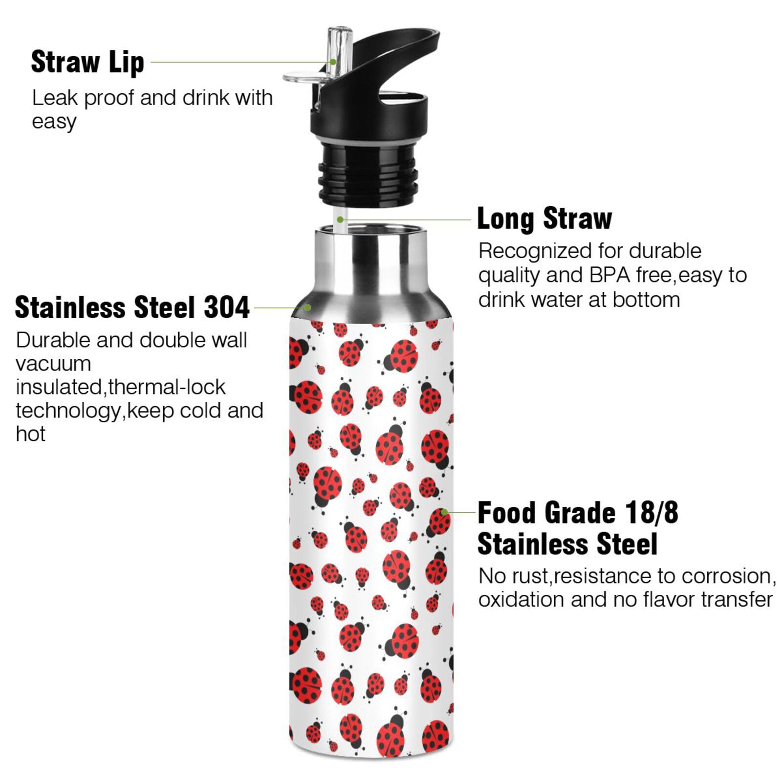 Ladybugs Pattern Insulated Water Bottle with Straw, Stainless Steel Sports Water Bottles, Double Wall Vacuum, Leakproof, BPA-Free 20 oz