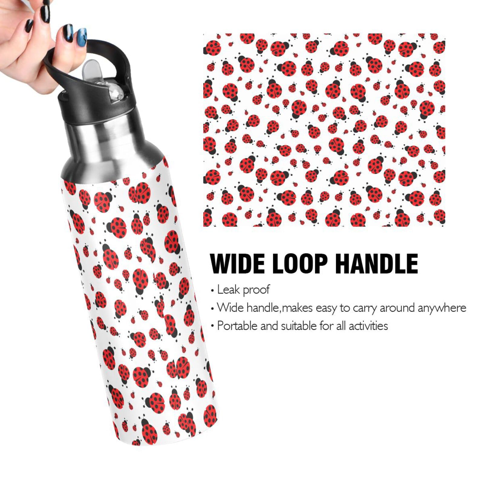 Ladybugs Pattern Insulated Water Bottle with Straw, Stainless Steel Sports Water Bottles, Double Wall Vacuum, Leakproof, BPA-Free 20 oz