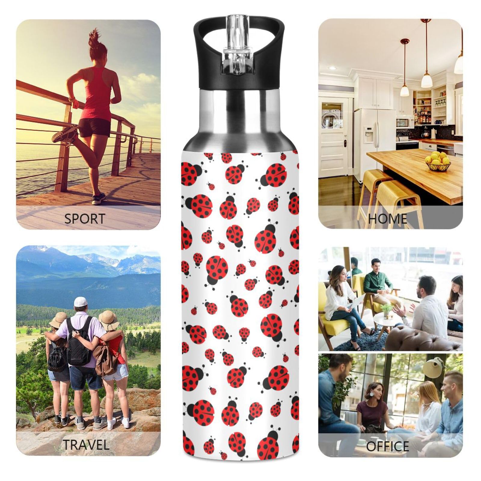 Ladybugs Pattern Insulated Water Bottle with Straw, Stainless Steel Sports Water Bottles, Double Wall Vacuum, Leakproof, BPA-Free 20 oz