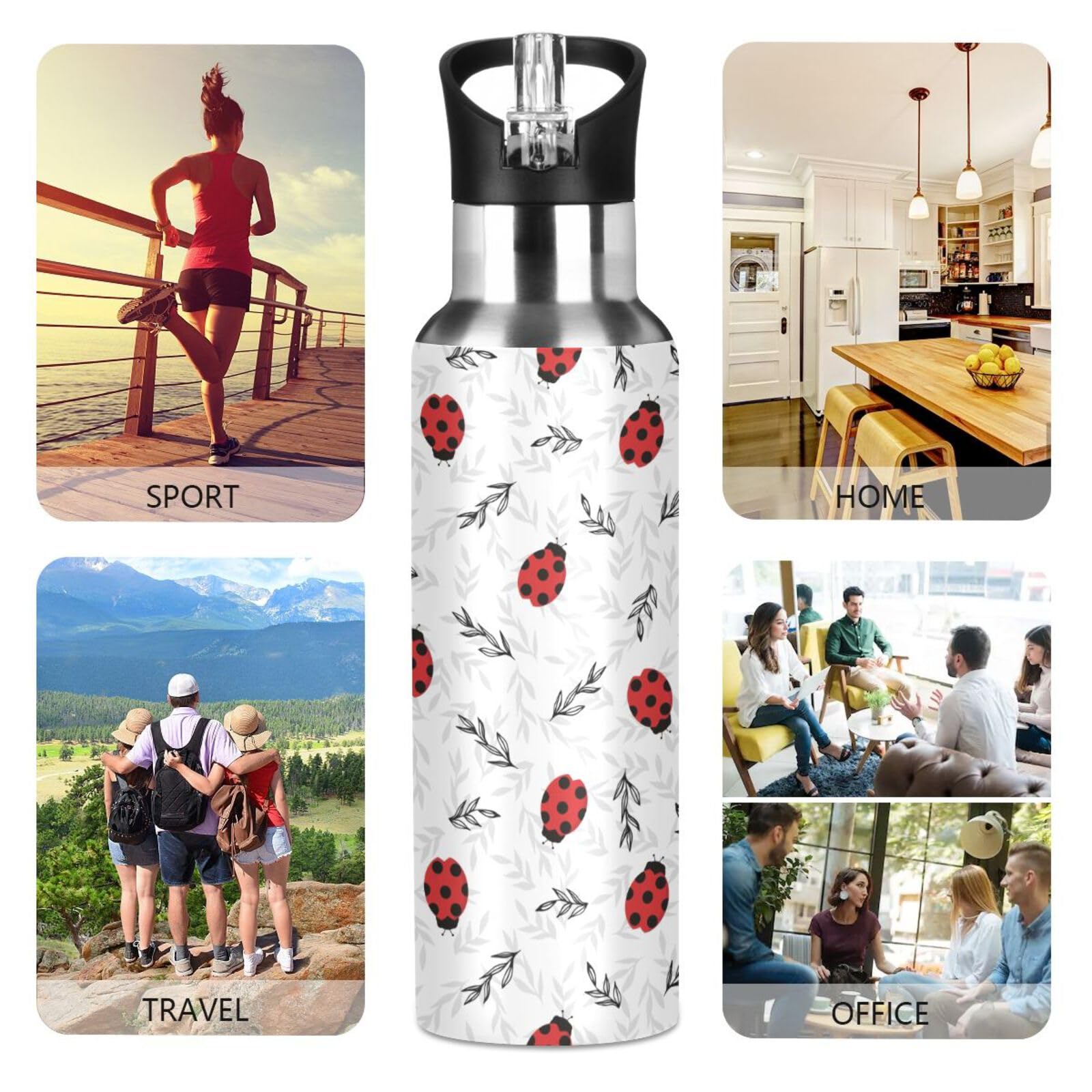 Ladybugs Funny Spring Pattern Insulated Water Bottle with Straw, Stainless Steel Sports Water Bottles, Double Wall Vacuum, Leakproof, BPA-Free 35 oz
