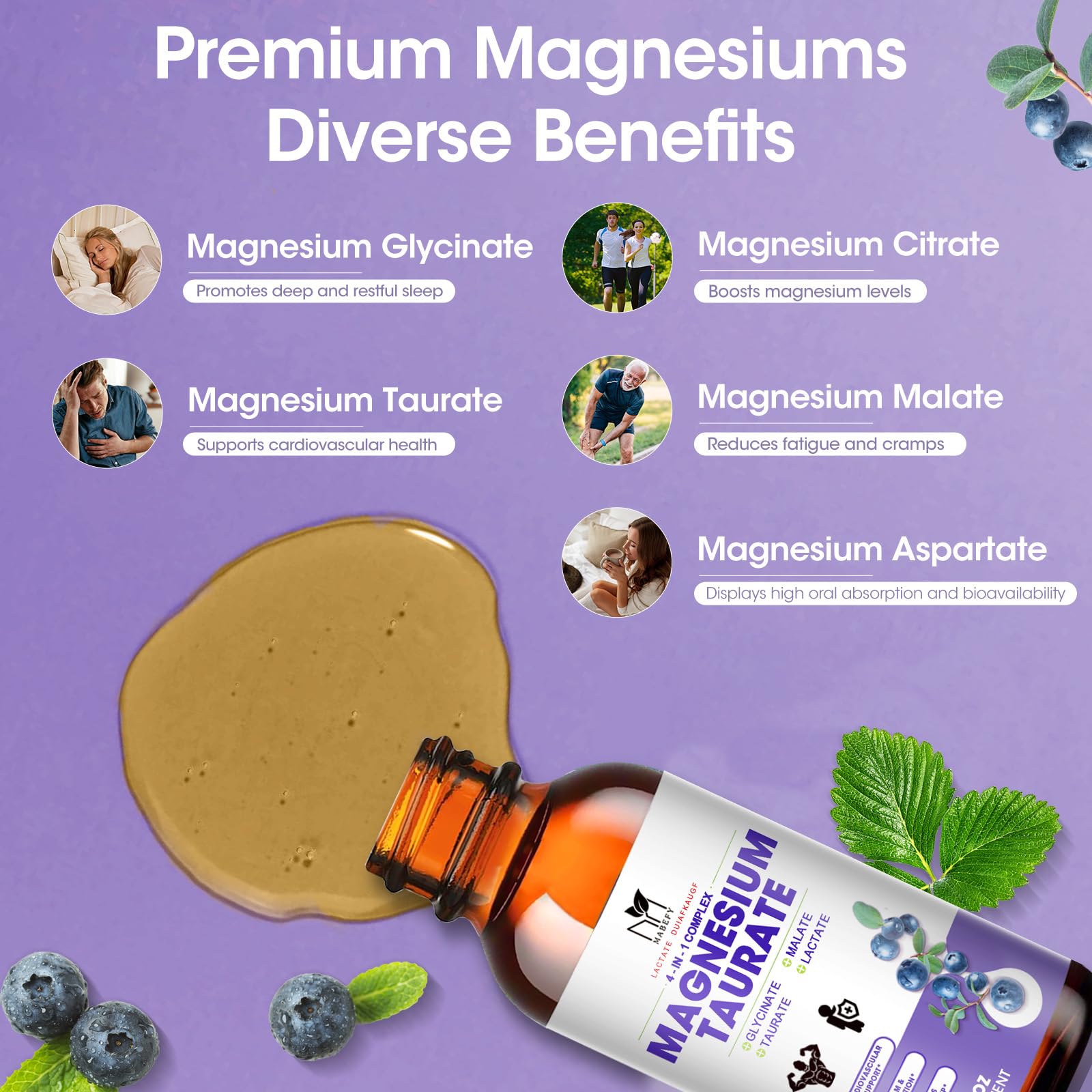 (2 Pack) Magnesium Complex Liquid Supplement, 2000mg Magnesium Taurate with Magnesium Glycinate 500mg,Malate,Aspartate,for Cardiovascular Health,Sleep,Calm,Cramps Support