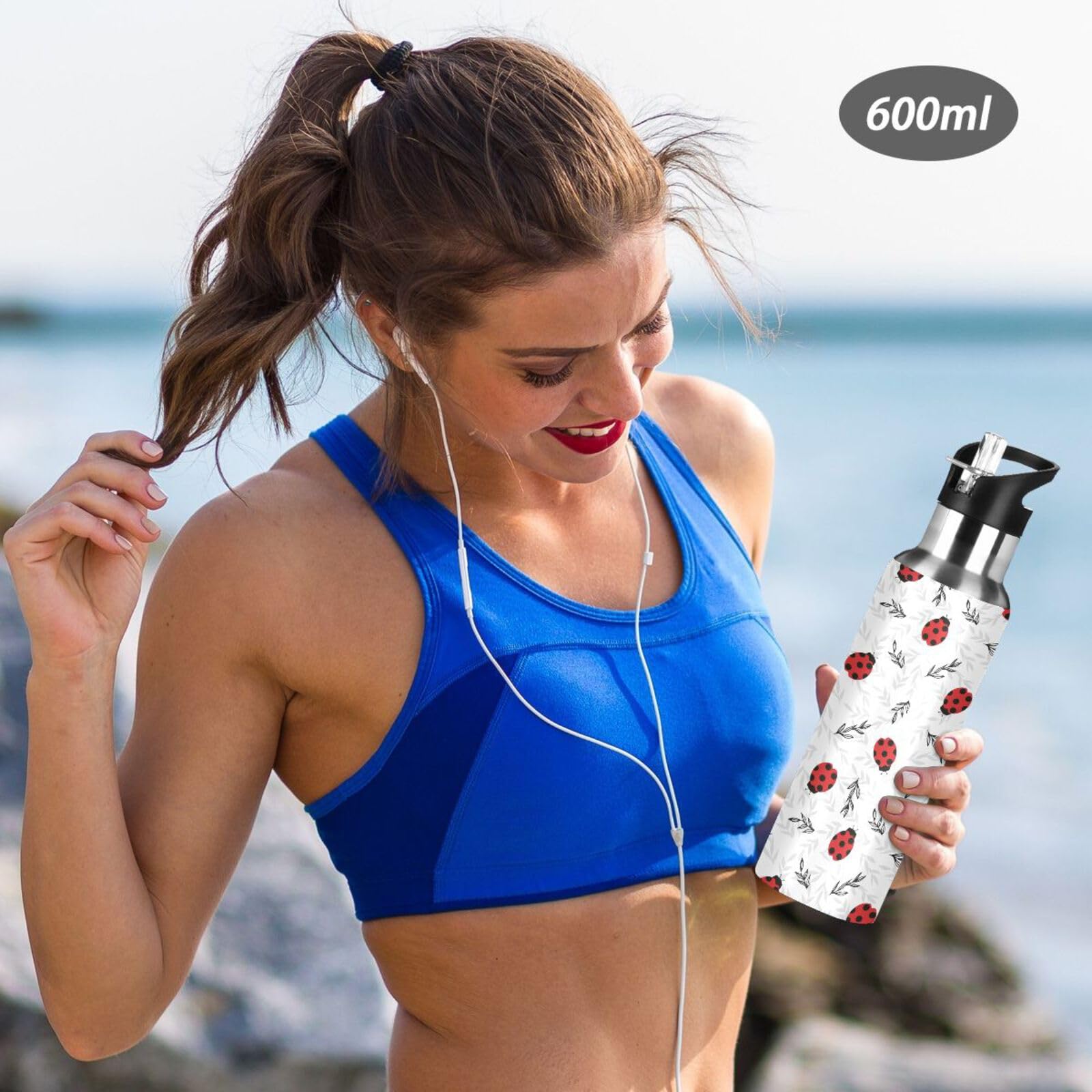 Ladybugs Funny Spring Pattern Insulated Water Bottle with Straw, Stainless Steel Sports Water Bottles, Double Wall Vacuum, Leakproof, BPA-Free 35 oz
