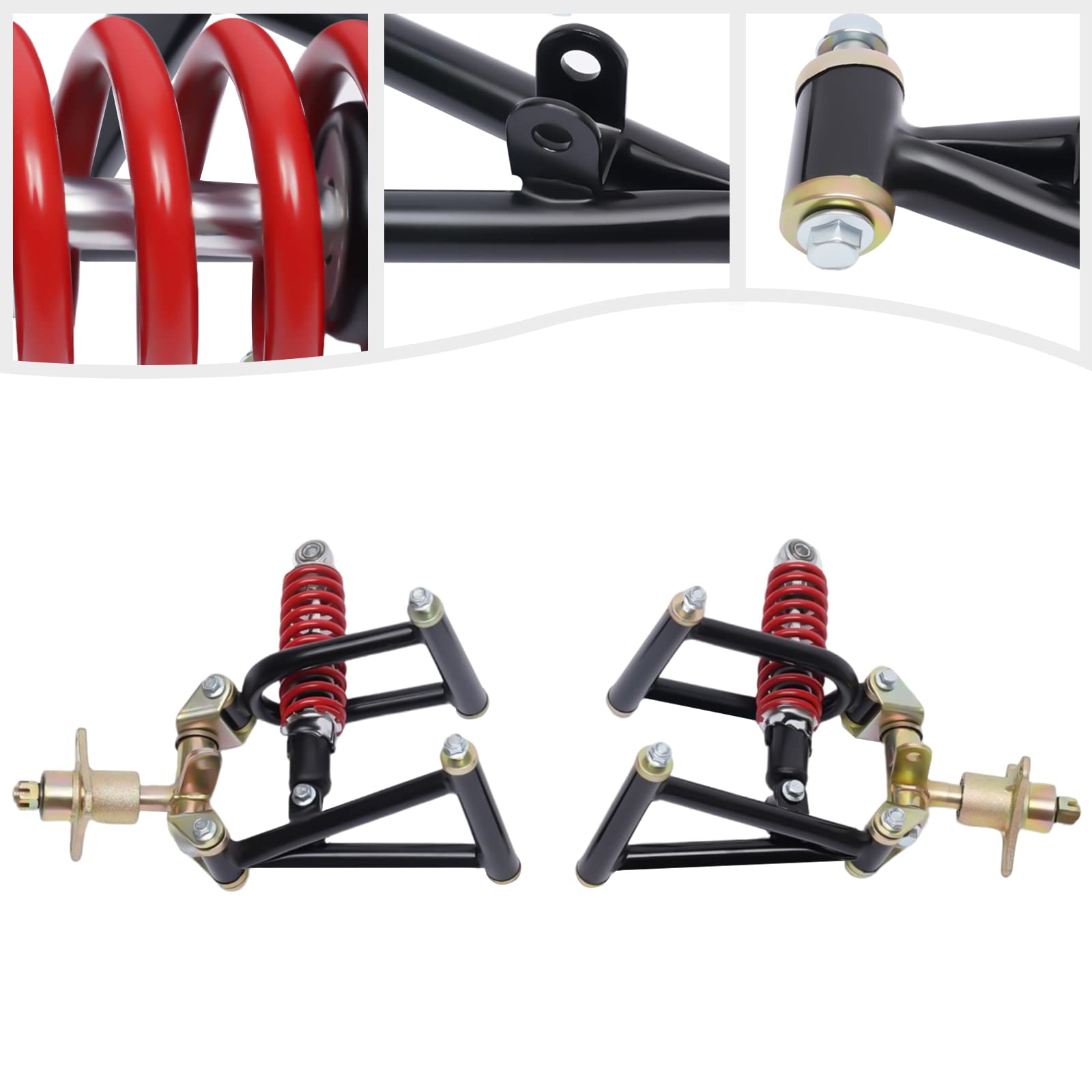 Guaopom 220mm Front Suspension Arm Kit, A Arm Steering Strut Knuckle Spindle 3 STUD Wheel Hub, Upper Lower Swing Arm And Front Suspension Shock For ATV Quad Bike Buggy Go Kart DIY Parts