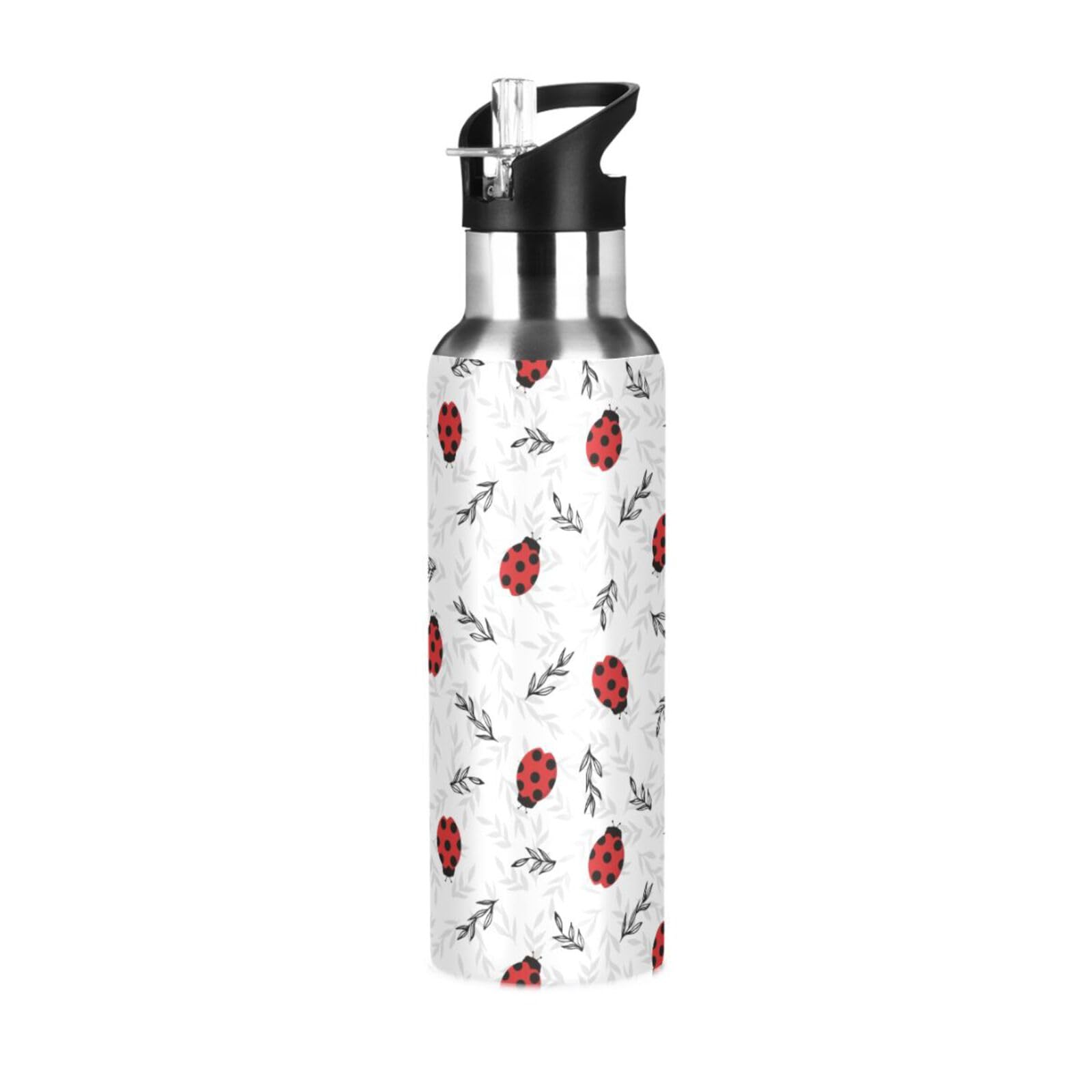 Ladybugs Funny Spring Pattern Insulated Water Bottle with Straw, Stainless Steel Sports Water Bottles, Double Wall Vacuum, Leakproof, BPA-Free 35 oz