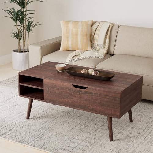 Best Choice Products Lift Top Coffee Table, Wooden Mid-Century Modern Multifunctional Accent Table for Living Room w/Hidden Storage, 2 Cubbies, Removable Shelf - Walnut