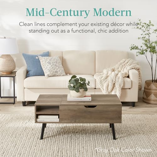 Best Choice Products Lift Top Coffee Table, Wooden Mid-Century Modern Multifunctional Accent Table for Living Room w/Hidden Storage, 2 Cubbies, Removable Shelf - Walnut