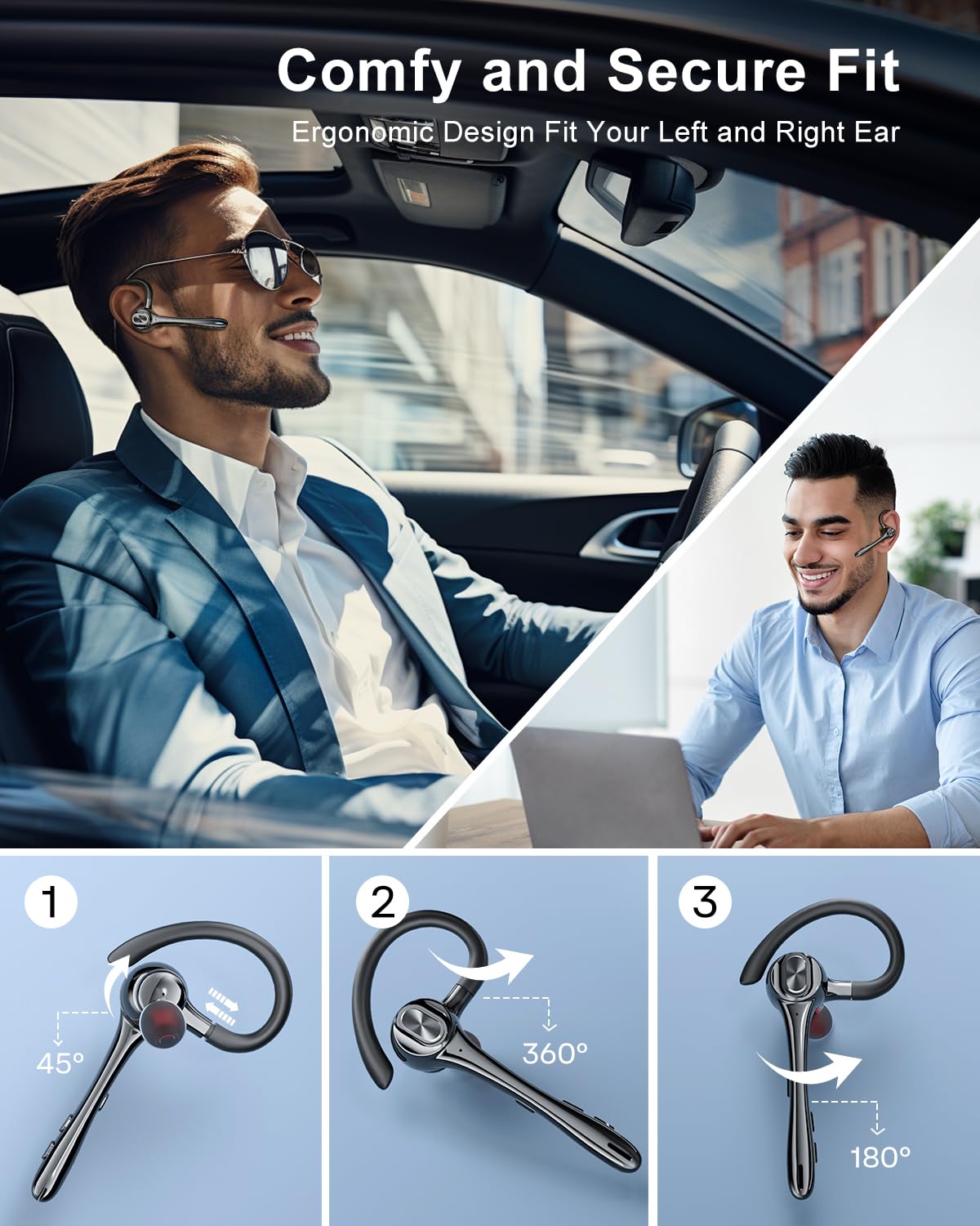 Earbuds Wireless Earpiece Bluetooth Headset with Noise Canceling Mic 160H Standby Time Hands Free Earphones Single Ear Headphone for iphone Android Samsung Cell Phones PC TV Computer Game Trucker Work