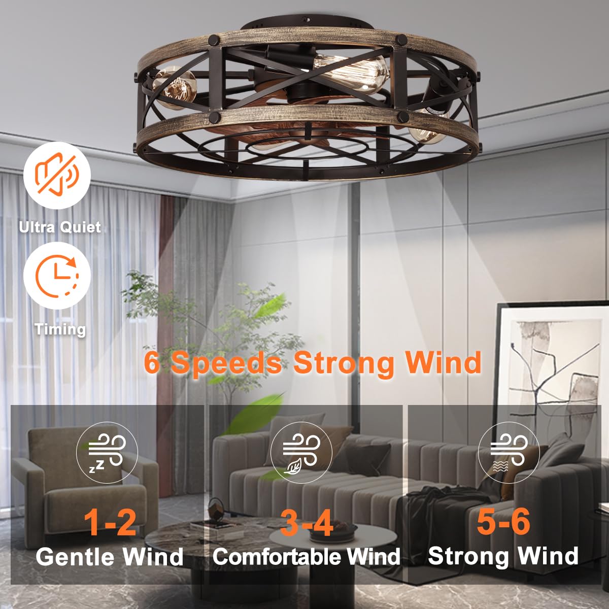 SHLUCE Farmhouse Flush Mount Caged Ceiling Fans with Lights, 6 Speeds, Rustic Low Profile Ceiling Fan with Light and Remote, Small Bladeless Ceiling Fans with Lights for Kitchen, Bedroom