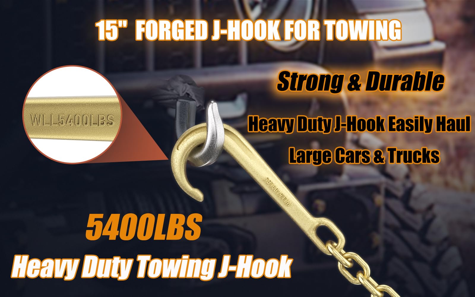 AODESTINY 2PCS 15" Heavy Duty J Hooks for Towing, Yellow Zinc Plated Tow J Hook Grade 70 Clevis J Hook for Transport Chain, 5400LBS Capacity Heavy Load