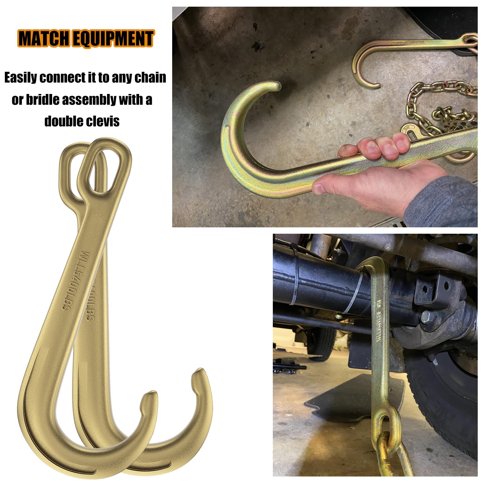 AODESTINY 2PCS 15" Heavy Duty J Hooks for Towing, Yellow Zinc Plated Tow J Hook Grade 70 Clevis J Hook for Transport Chain, 5400LBS Capacity Heavy Load