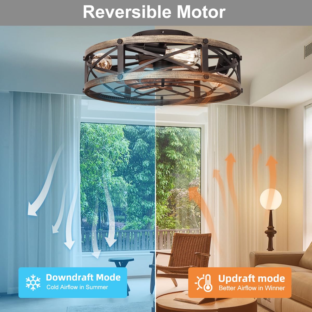 SHLUCE Farmhouse Flush Mount Caged Ceiling Fans with Lights, 6 Speeds, Rustic Low Profile Ceiling Fan with Light and Remote, Small Bladeless Ceiling Fans with Lights for Kitchen, Bedroom