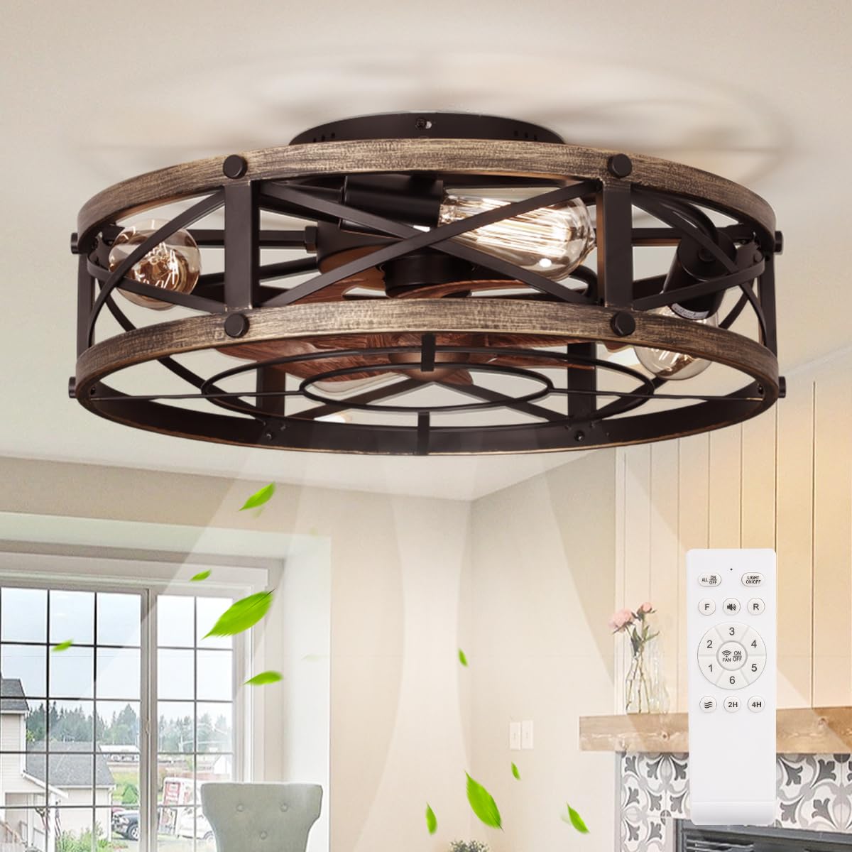 SHLUCE Farmhouse Flush Mount Caged Ceiling Fans with Lights, 6 Speeds, Rustic Low Profile Ceiling Fan with Light and Remote, Small Bladeless Ceiling Fans with Lights for Kitchen, Bedroom