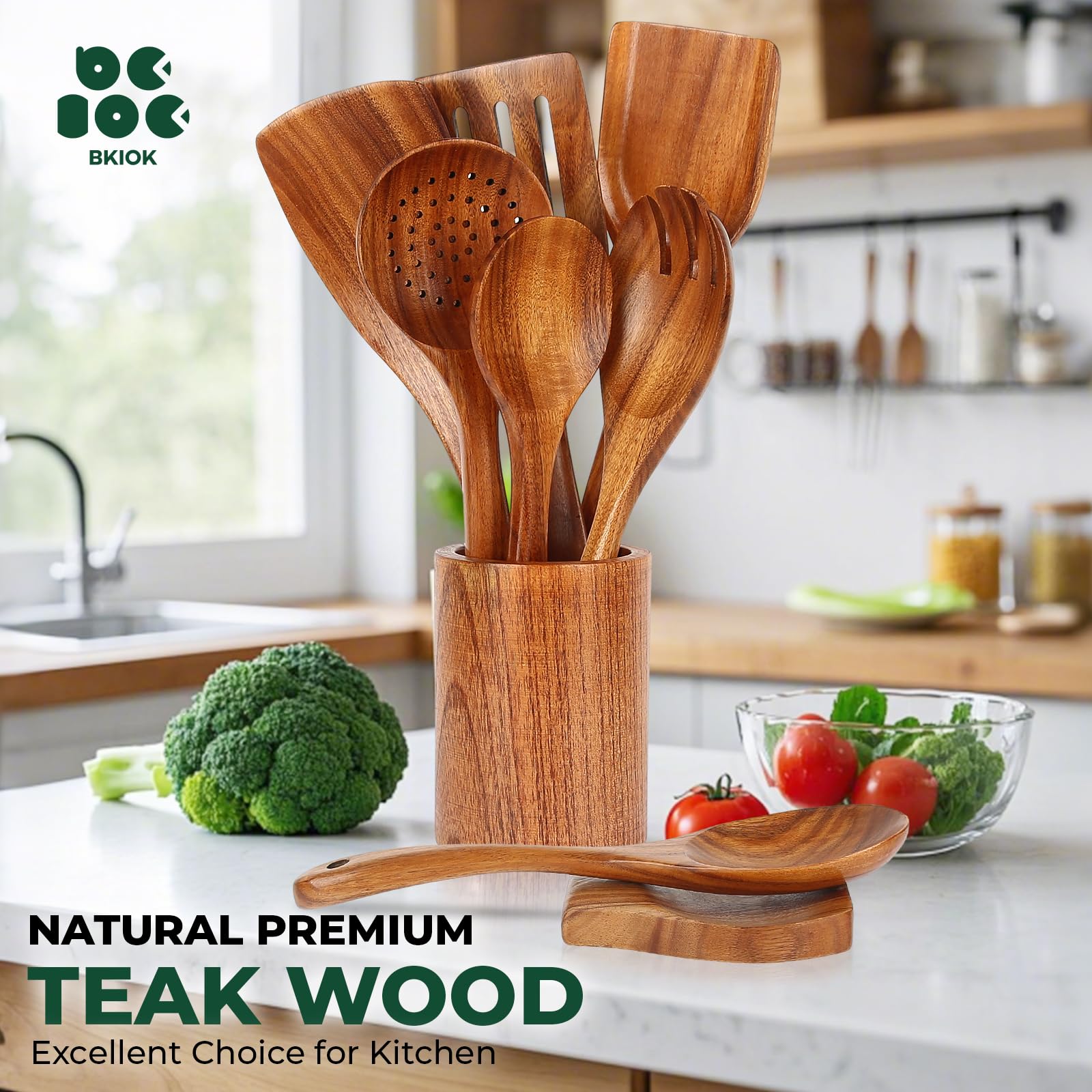 Bkiok Wooden Spoons for Cooking, Teak Wooden Utensil Set, Handmade Cooking Utensil Set with Spoon Rest and Utensils Holder (9Pcs)