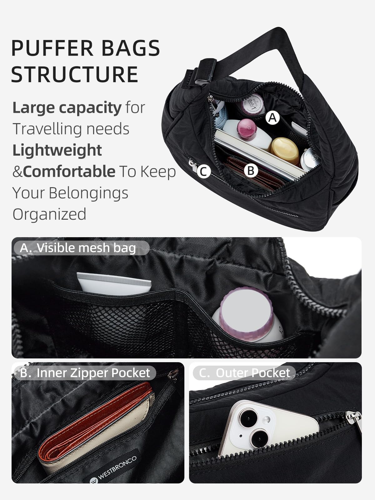 WESTBRONCO Small Puffer Crescent Shoulder Bag for Women, Nylon Quilted Shoulder Purses, Puffy Handbags with Adjustable Strap