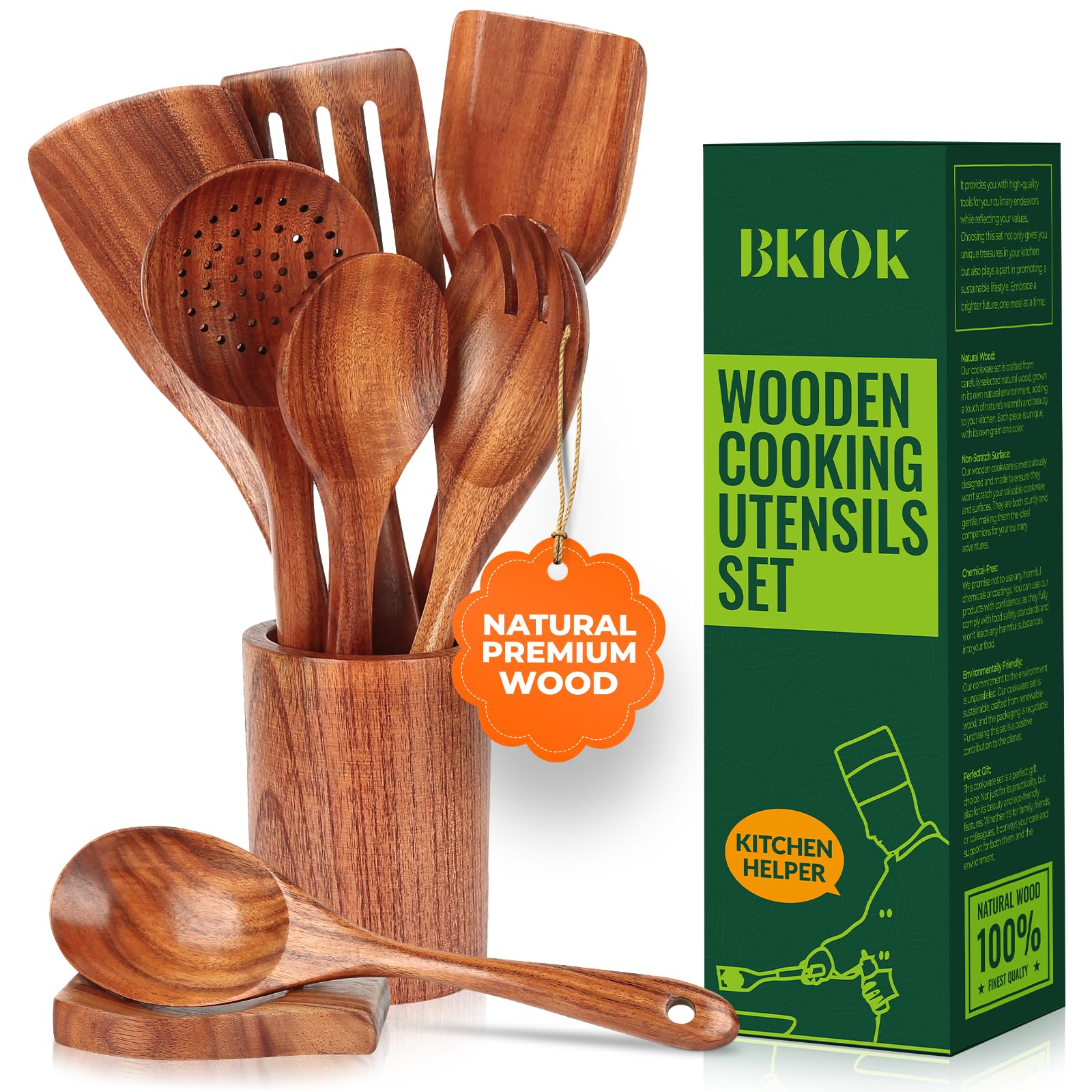 Bkiok Wooden Spoons for Cooking, Teak Wooden Utensil Set, Handmade Cooking Utensil Set with Spoon Rest and Utensils Holder (9Pcs)