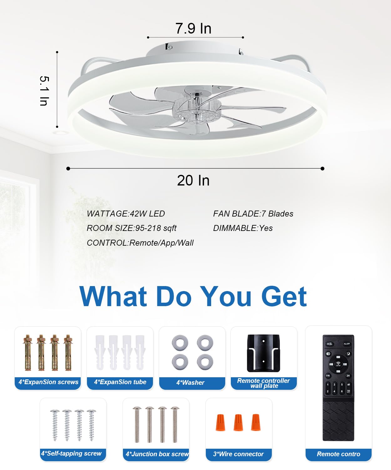 AQUBT Ceiling Fans with Lights and Remote, 20" Modern Low Profile Ceiling Fan with Light, Stepless Color Temperature Change and 6 Speeds, Flush Mount Ceiling Fans for Bedroom, Kids Room.(White)