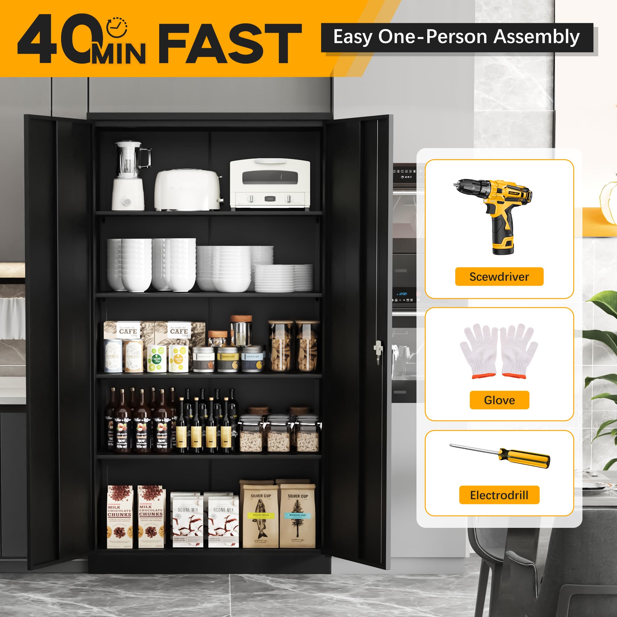 Greenvelly Metal Garage Storage Cabinet with Lock, 72" H Black Metal Cabinet with 2 Doors and 4 Adjustable Shelves for Office,Home,Garage,School(32" W x 16" D)