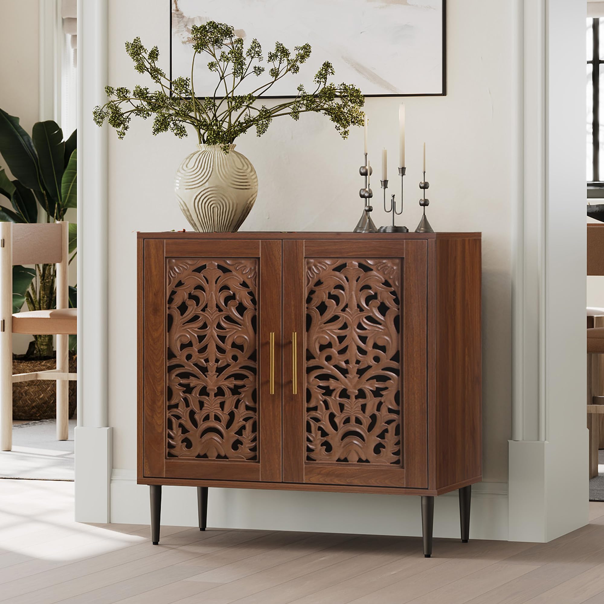 ARTPOWER Accent Cabinet with 2 Doors, Vintage Hollow Carving Buffet Cabinet, Sideboards and Buffets with Storage Credenza for Living Room, Kitchen, Dining Room, Entryway, Hallway, Walnut