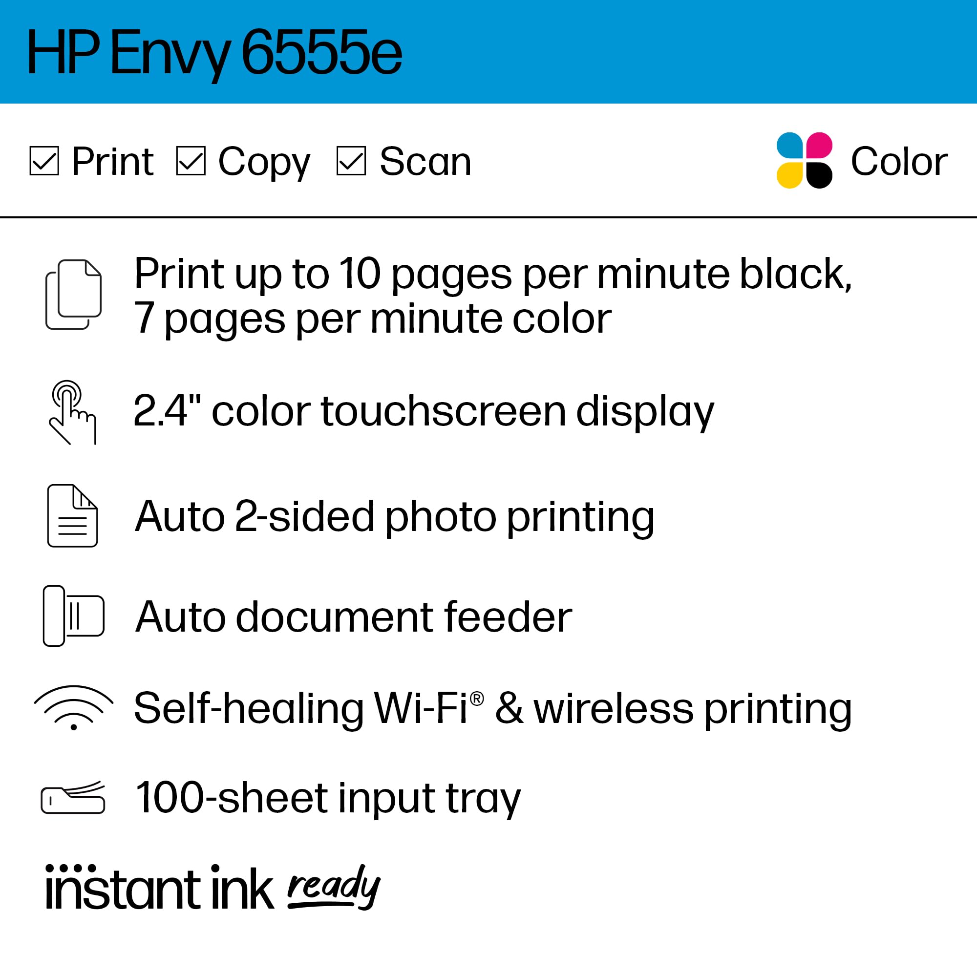 HP Envy 6555e Wireless All-in-One Color Inkjet Printer, Print, scan, Copy, Duplex Printing Best-for-Home, 3 months of Instant Ink included (714N5A)