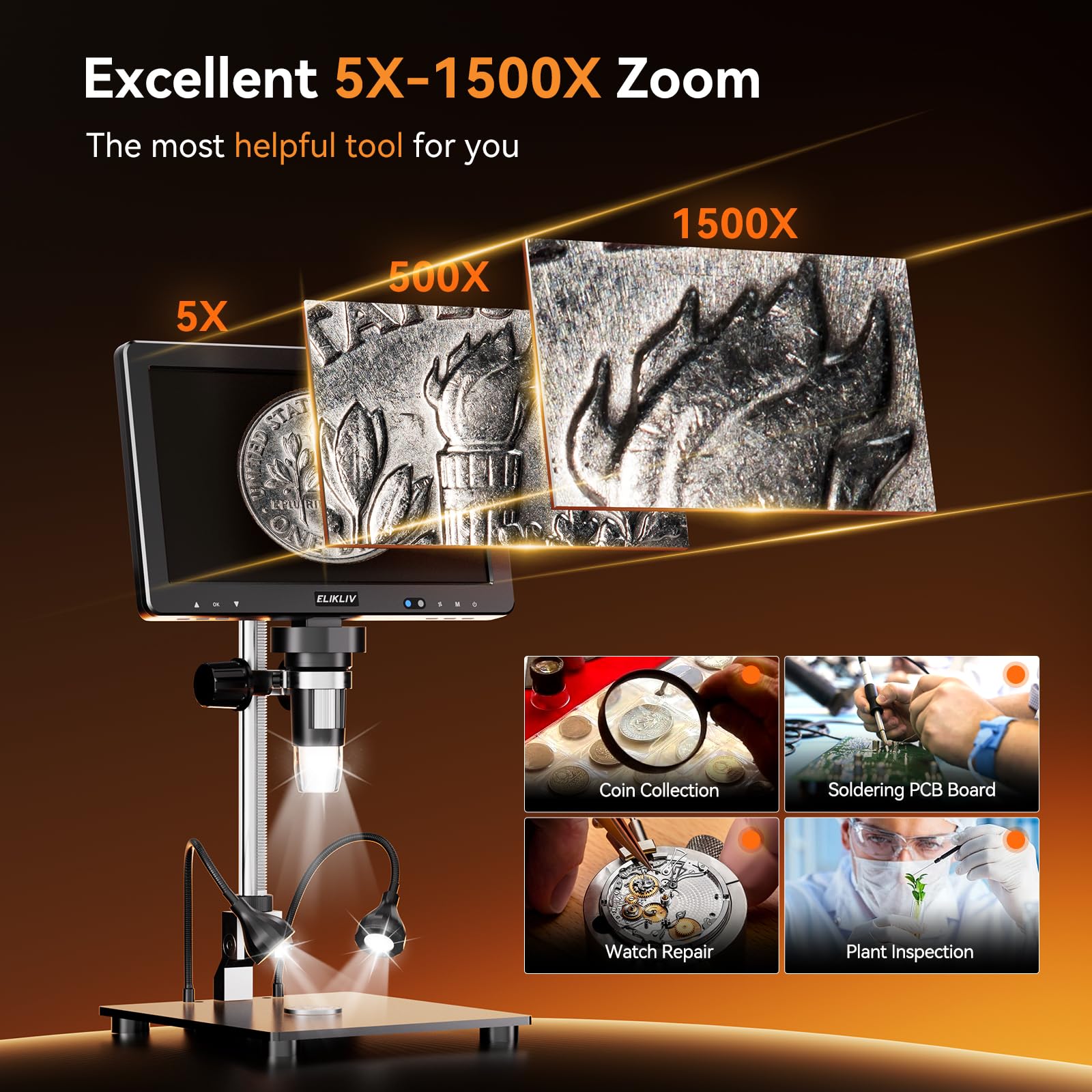 Elikliv EDM9 Max Digital Microscope: 10.1" 1500X 20MP HD IPS HDMI Coin Microscope Magnifier for Error Coins with Screen & Light, LCD Soldering Microscopes for Adults, PC/TV View, 64GB