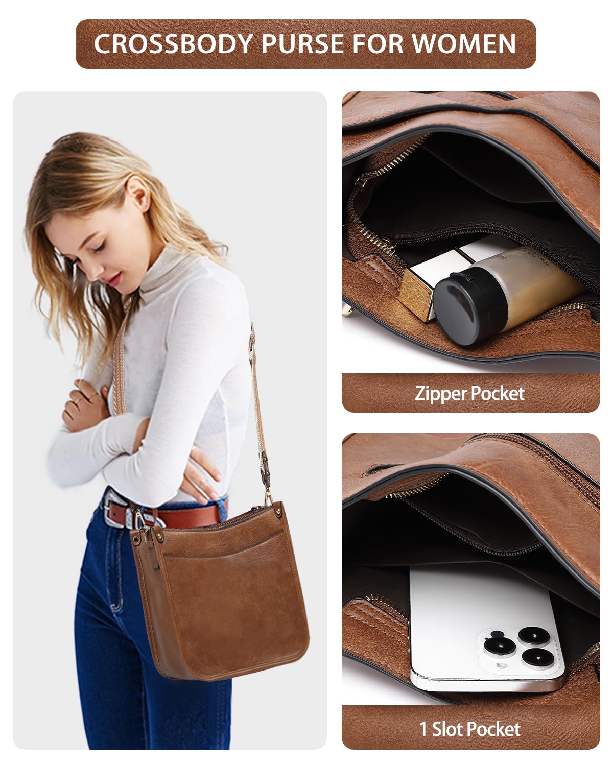 Purses for Women 3PCS, Crossbody Bags Set Large PU Leather Purse Shoulder Handbags with Wallet Adjustable Straps for Ladies Tote, Brown