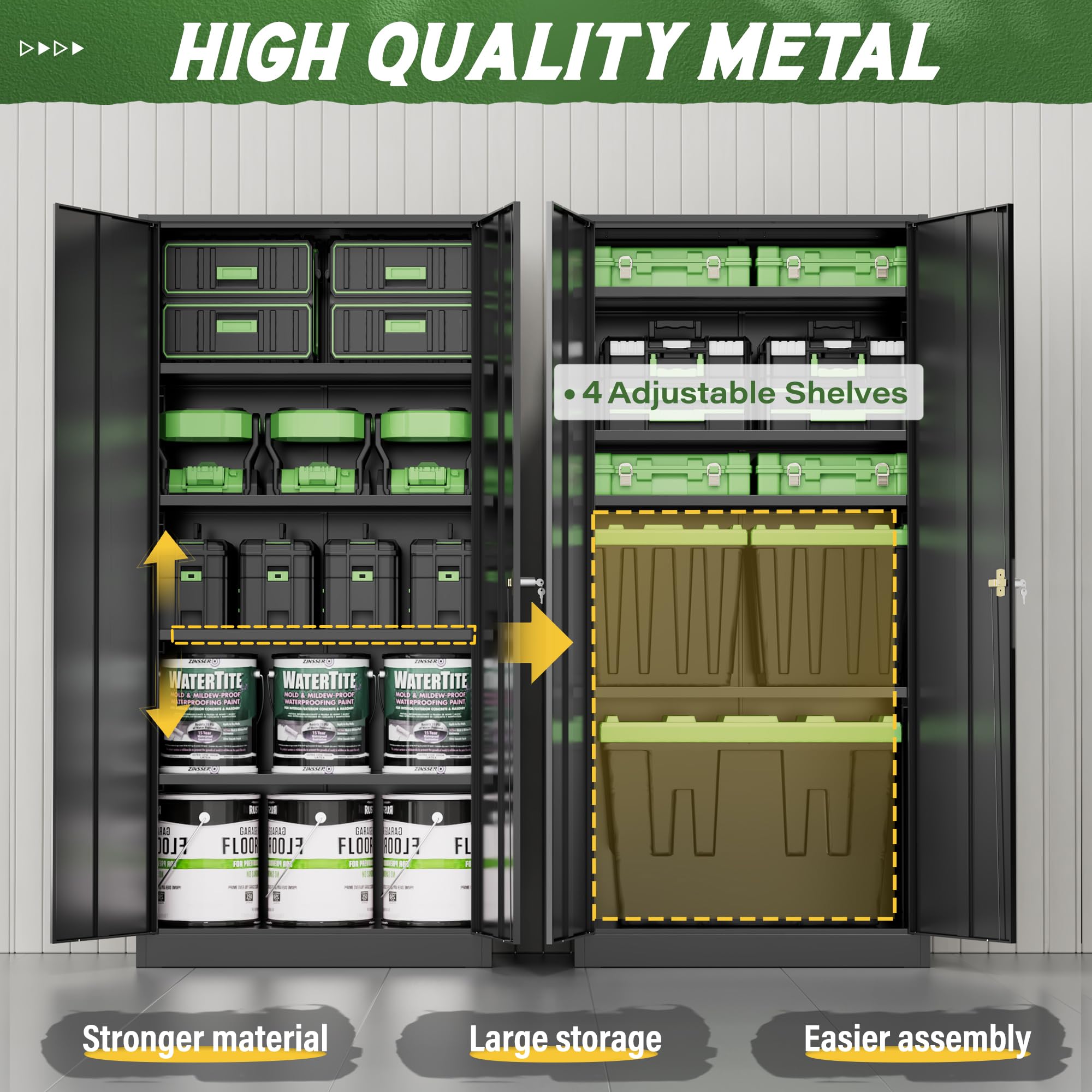 Greenvelly Metal Storage Cabinet, 72" x 32" x 16", Black Metal Cabinet with 2 Doors and 4 Adjustable Shelves, Locking Cabinet for Garage, Office, Home