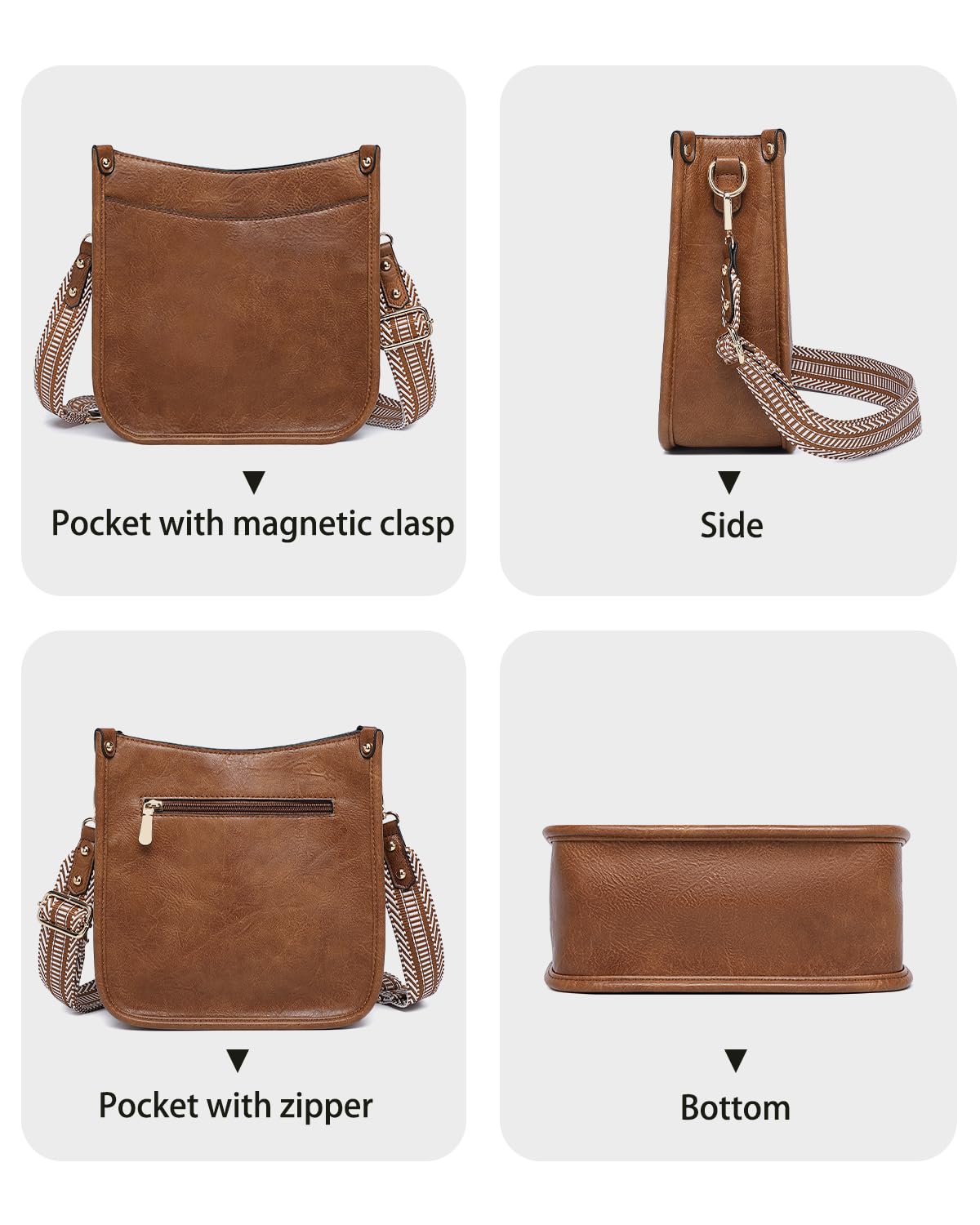 Purses for Women 3PCS, Crossbody Bags Set Large PU Leather Purse Shoulder Handbags with Wallet Adjustable Straps for Ladies Tote, Brown