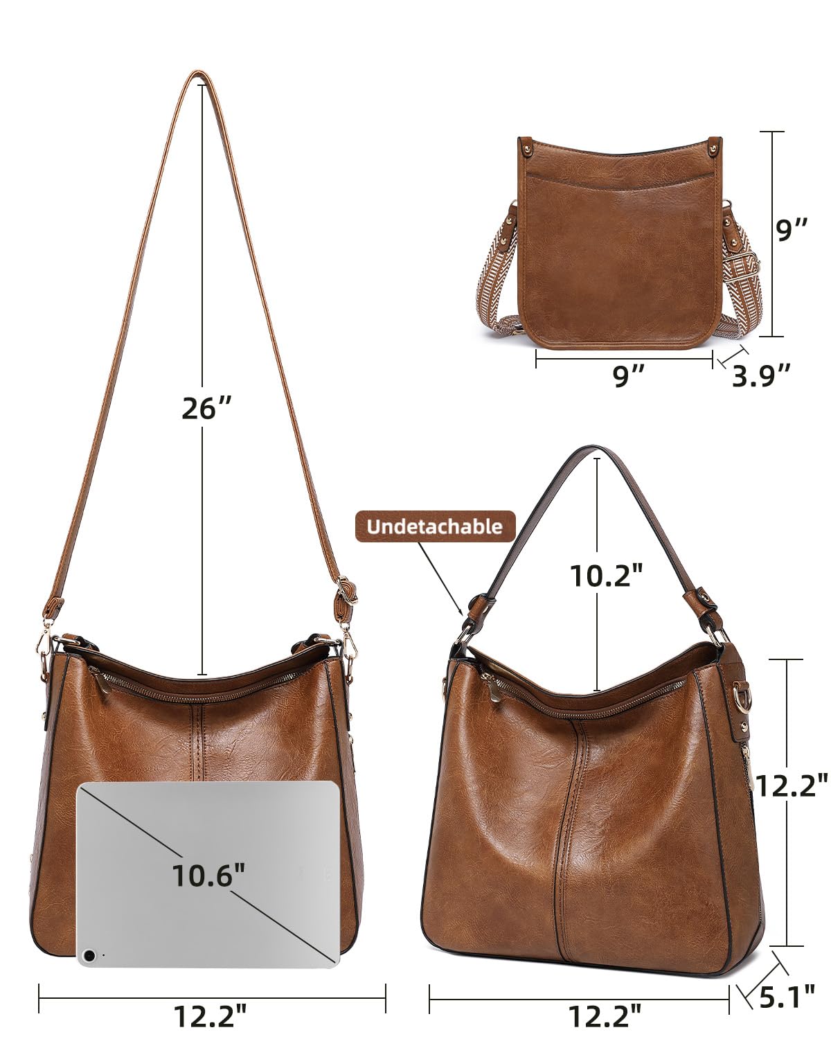 Purses for Women 3PCS, Crossbody Bags Set Large PU Leather Purse Shoulder Handbags with Wallet Adjustable Straps for Ladies Tote, Brown