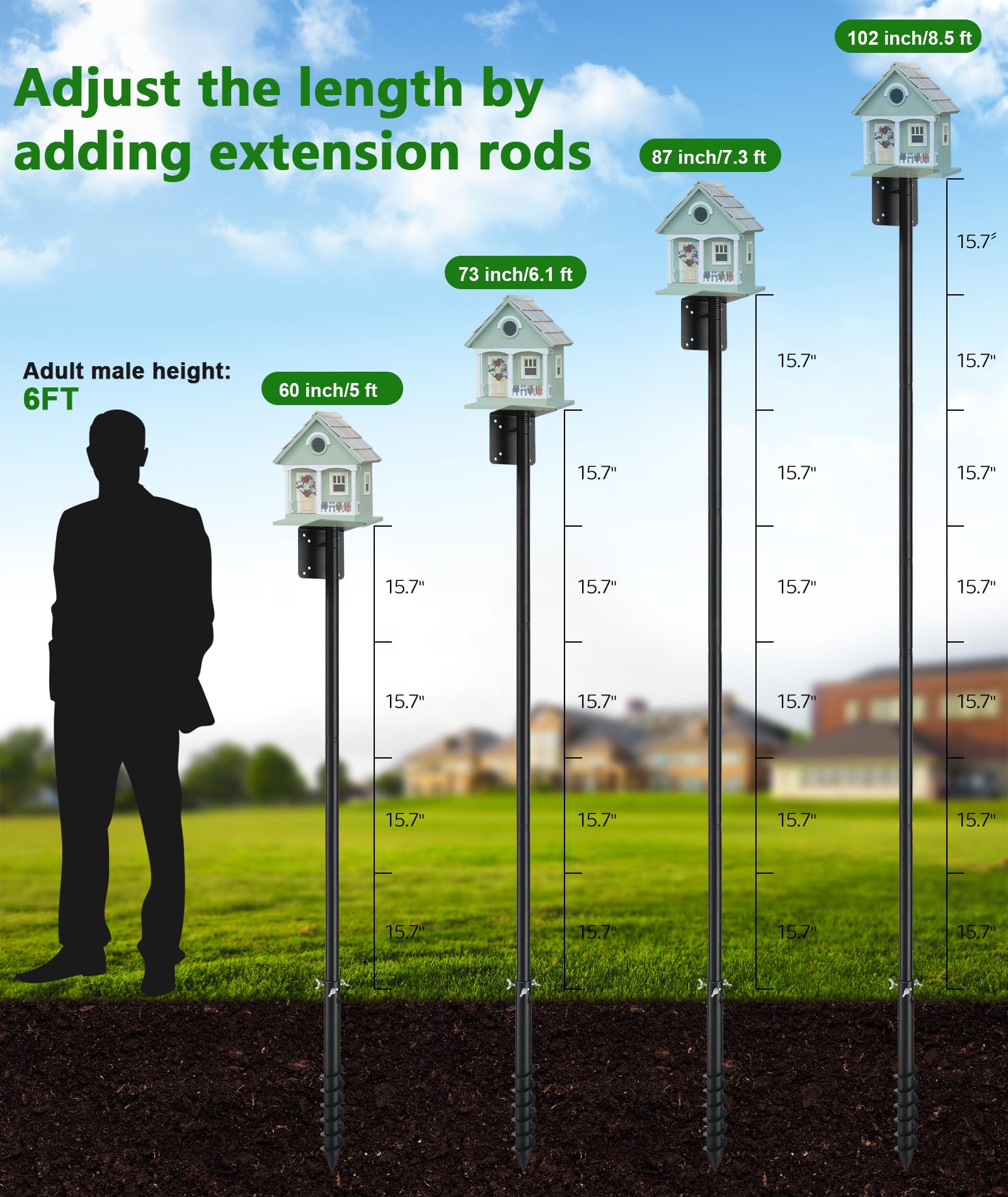 Bluebird House Pole 109 Inch, Heavy Duty Bird Feeder Pole for Outdoors, Adjustable Smart Bird Feeder Stand, Bird Buddy Mounting Pole