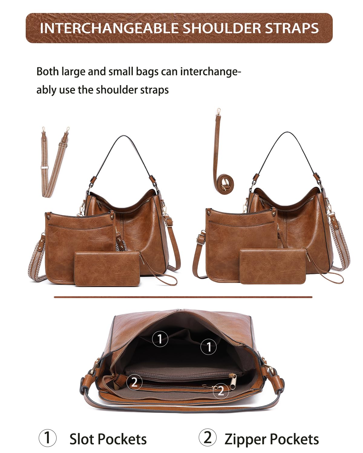Purses for Women 3PCS, Crossbody Bags Set Large PU Leather Purse Shoulder Handbags with Wallet Adjustable Straps for Ladies Tote, Brown