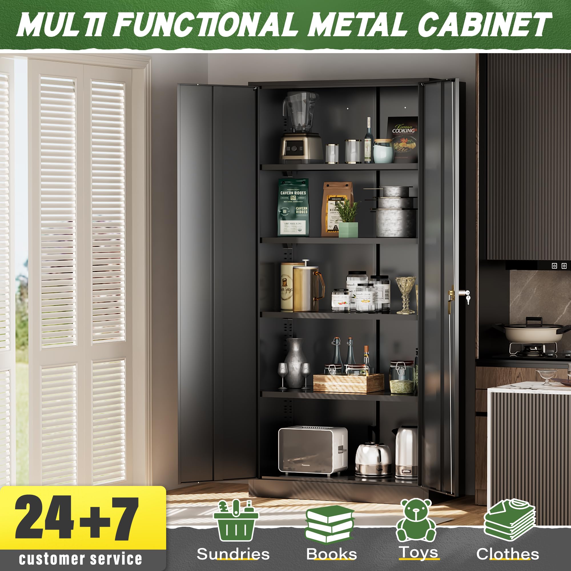 Greenvelly Metal Storage Cabinet, 72" x 32" x 16", Black Metal Cabinet with 2 Doors and 4 Adjustable Shelves, Locking Cabinet for Garage, Office, Home