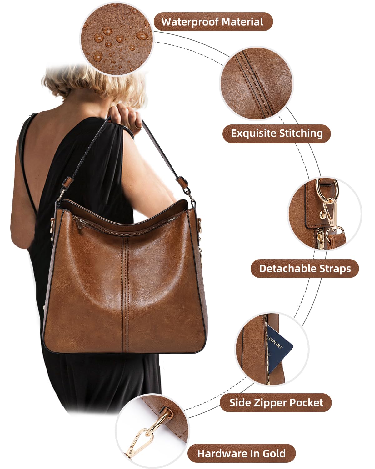 Purses for Women 3PCS, Crossbody Bags Set Large PU Leather Purse Shoulder Handbags with Wallet Adjustable Straps for Ladies Tote, Brown