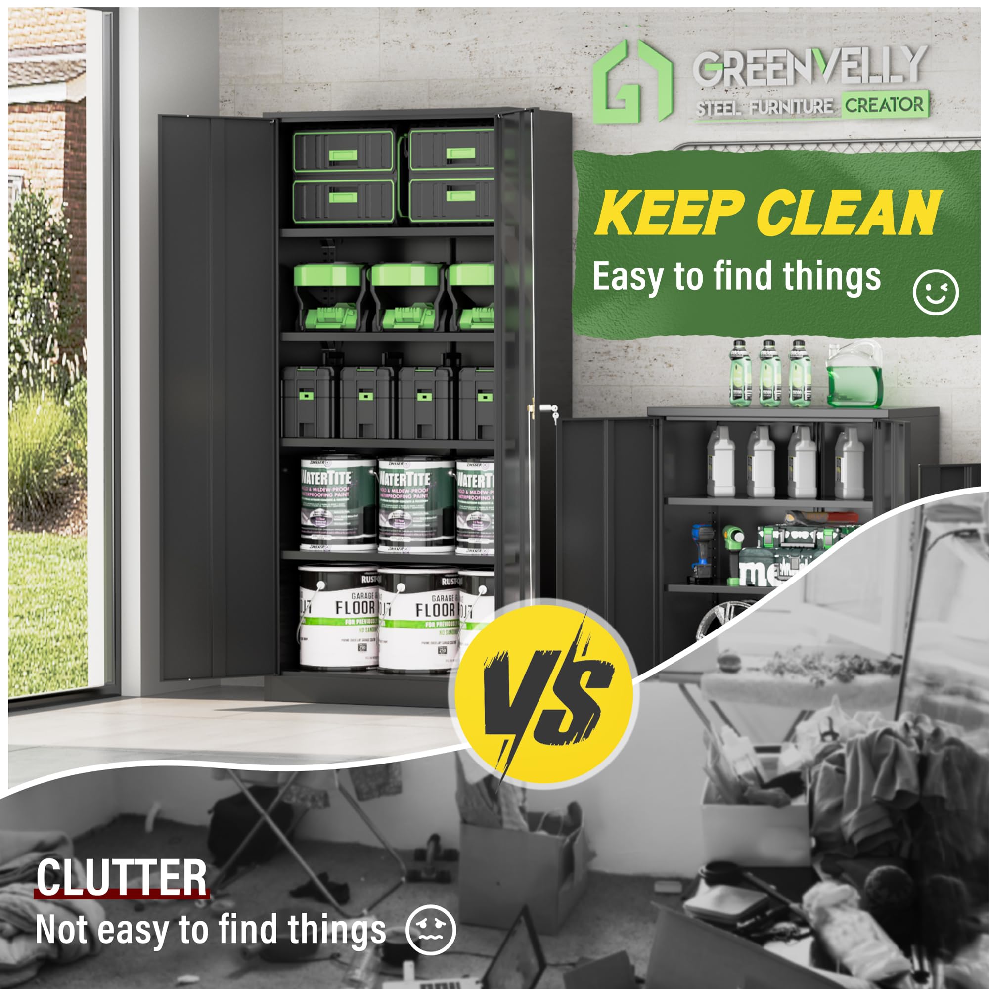 Greenvelly Metal Storage Cabinet, 72" x 32" x 16", Black Metal Cabinet with 2 Doors and 4 Adjustable Shelves, Locking Cabinet for Garage, Office, Home