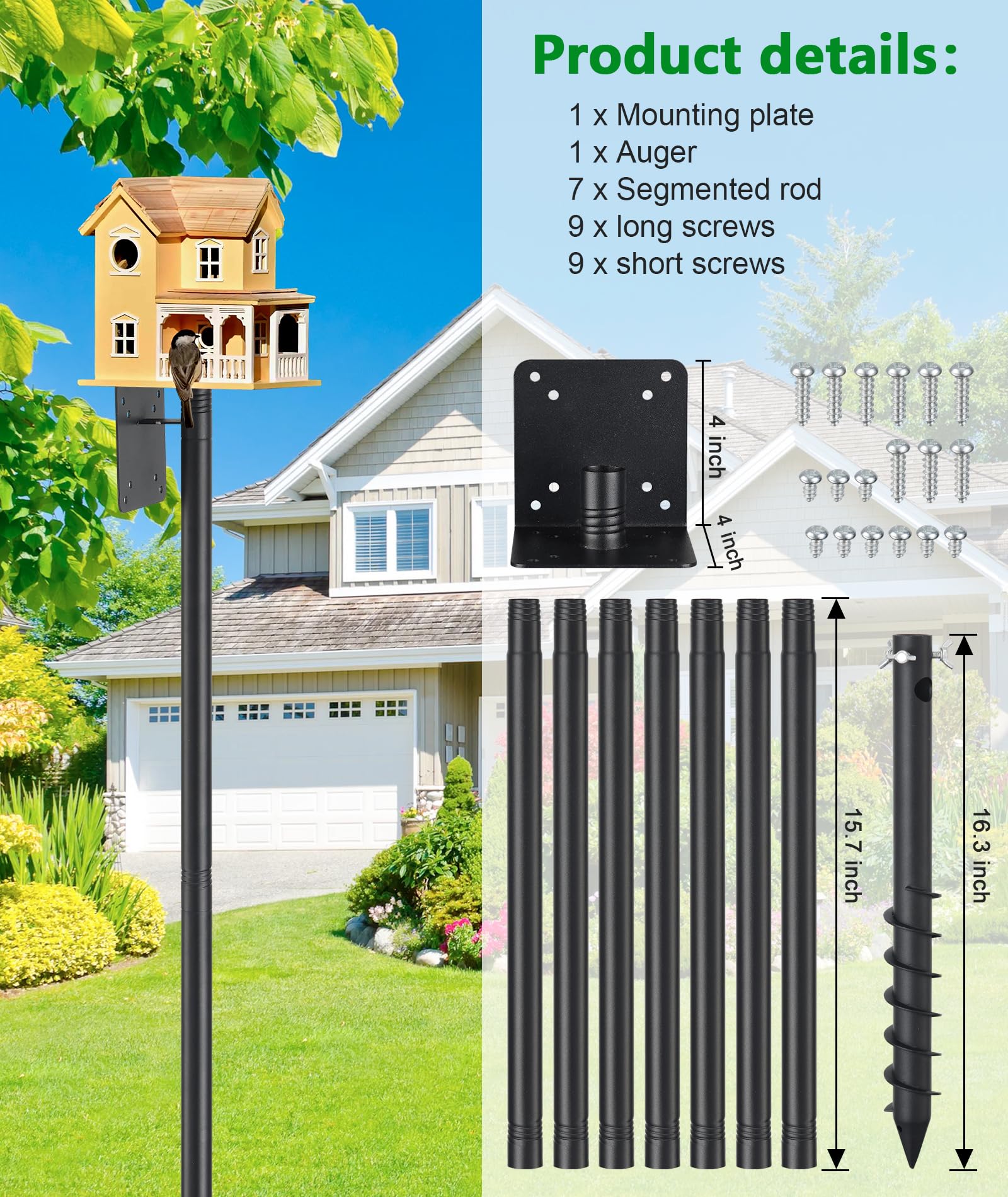 Bluebird House Pole 109 Inch, Heavy Duty Bird Feeder Pole for Outdoors, Adjustable Smart Bird Feeder Stand, Bird Buddy Mounting Pole