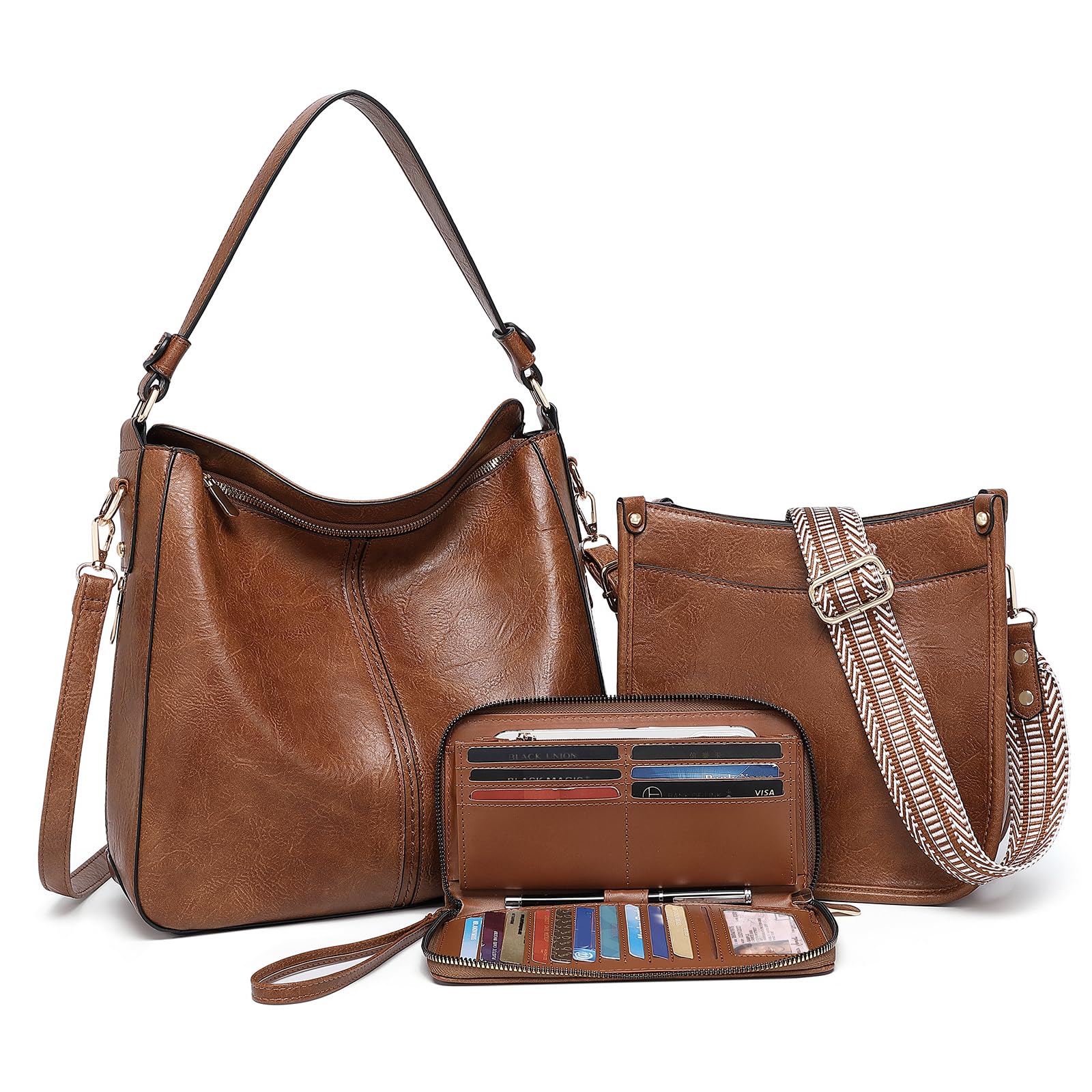 Purses for Women 3PCS, Crossbody Bags Set Large PU Leather Purse Shoulder Handbags with Wallet Adjustable Straps for Ladies Tote, Brown