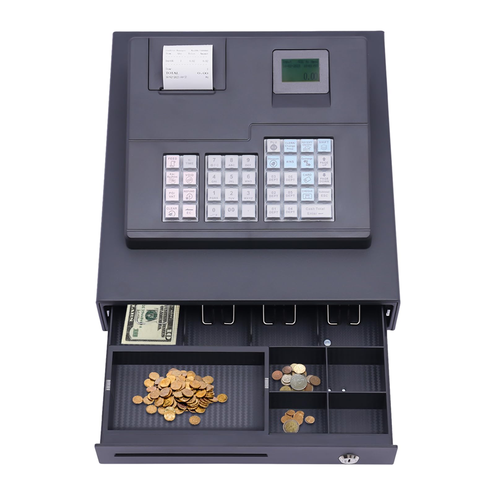 CAIHAOA Cash Register, 8 Digits LED 38 Keys Electronic Cash Register, Automatic Cash Register with 32 Departments, Quick Load Thermal Printer Cash Register 1000 Plus 10 Clerks for Small Business,Black