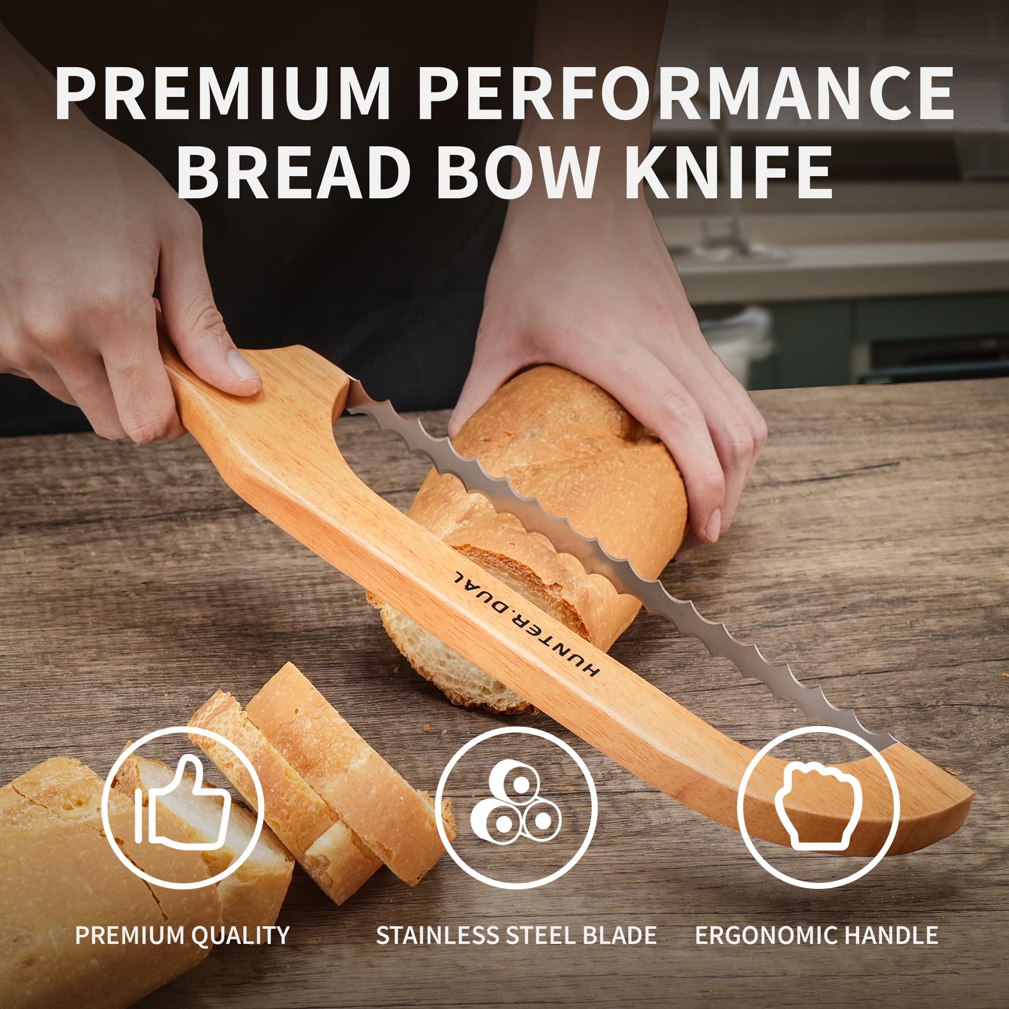 HUNTER.DUAL Bread Knife for Homemade Bread, 16" Sourdough Bread Slicer, Bow Saw Cutter with Double-sided Blades for Easy Cutting, Orange