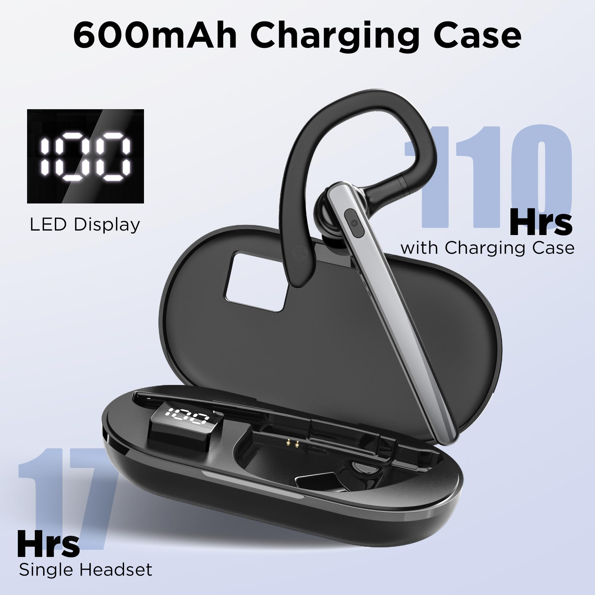 TERUNSOUl Bluetooth Headset V5.3, Wireless Bluetooth Earpiece with 600mAh Charging Case, 110H Playtime, Hands Free Headset for Cell Phone and Computer with Built-in Microphone for Work Trucker Office
