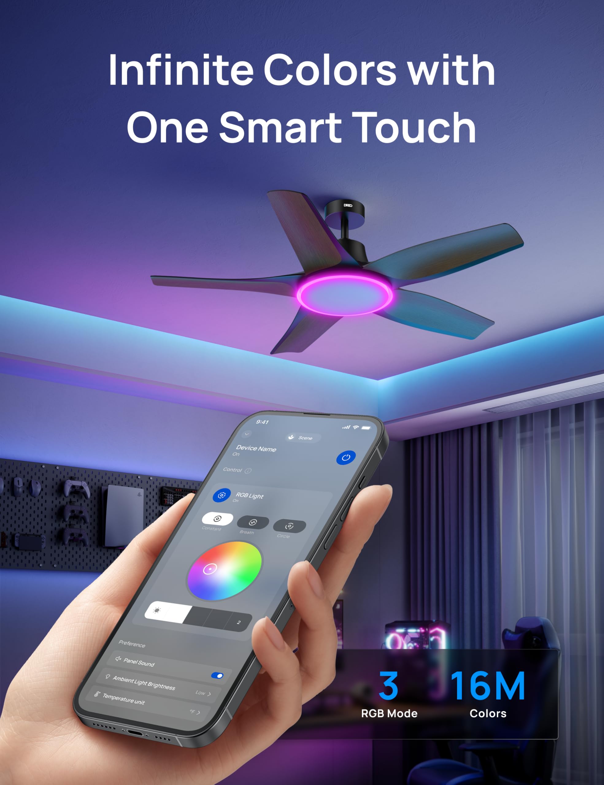 Dreo Smart Ceiling Fans with Lights, Low profile Ceiling Fan with Alexa/App, 52'' Dimmable Lighting & Color Tuning, RGB Ambient Light for Living Room, Game Room, Easy Installation, Quiet, Black