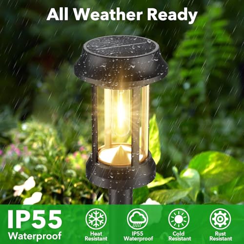 Solar Pathway Lights - 8 Pack, Glass & Metal Solar Powered Outdoor Lights, 10 Hours of Lighting for Garden, Yard, Driveway, Path, Landscape Decor (Black)