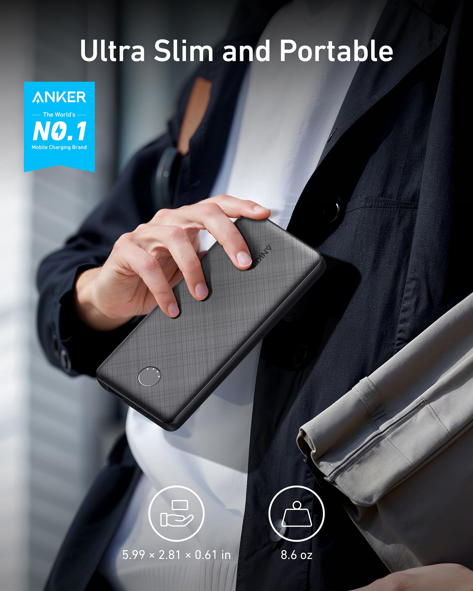 Anker Power Bank(PowerCore 10K),Compact Travel-Ready 10,000mAh Battery Pack with PowerIQ Charging Technology,5V/3A High-Speed Charging for iPhone,iPad,and More (USB-C Input and Output(Black),1pack)