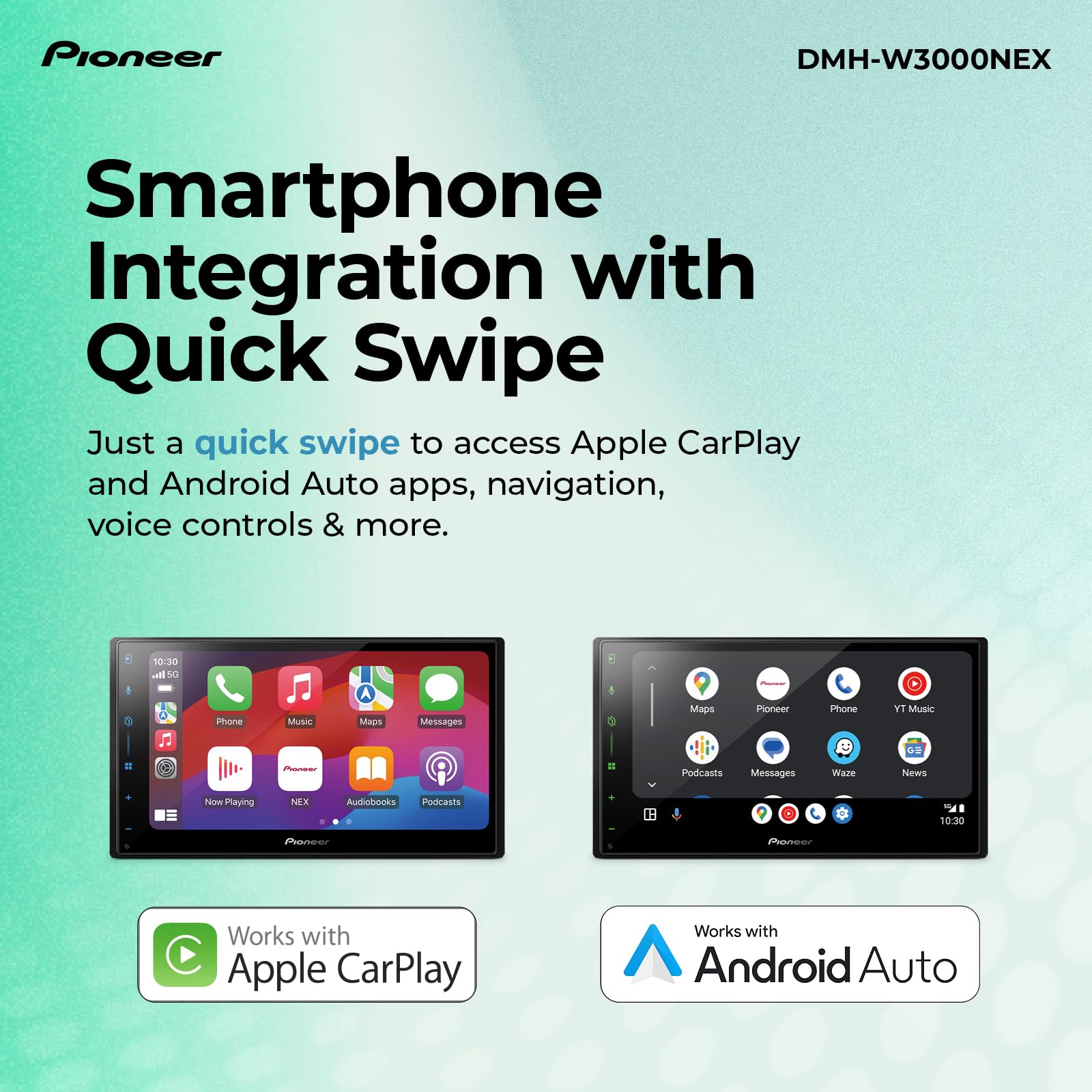 Pioneer DMH-W3000NEX 6.8" Double Din Multimedia Digital Media Receiver, Wireless Apple CarPlay and Android Auto, Bluetooth, Backup Camera Compatible, Touchscreen, One Touch Navigation