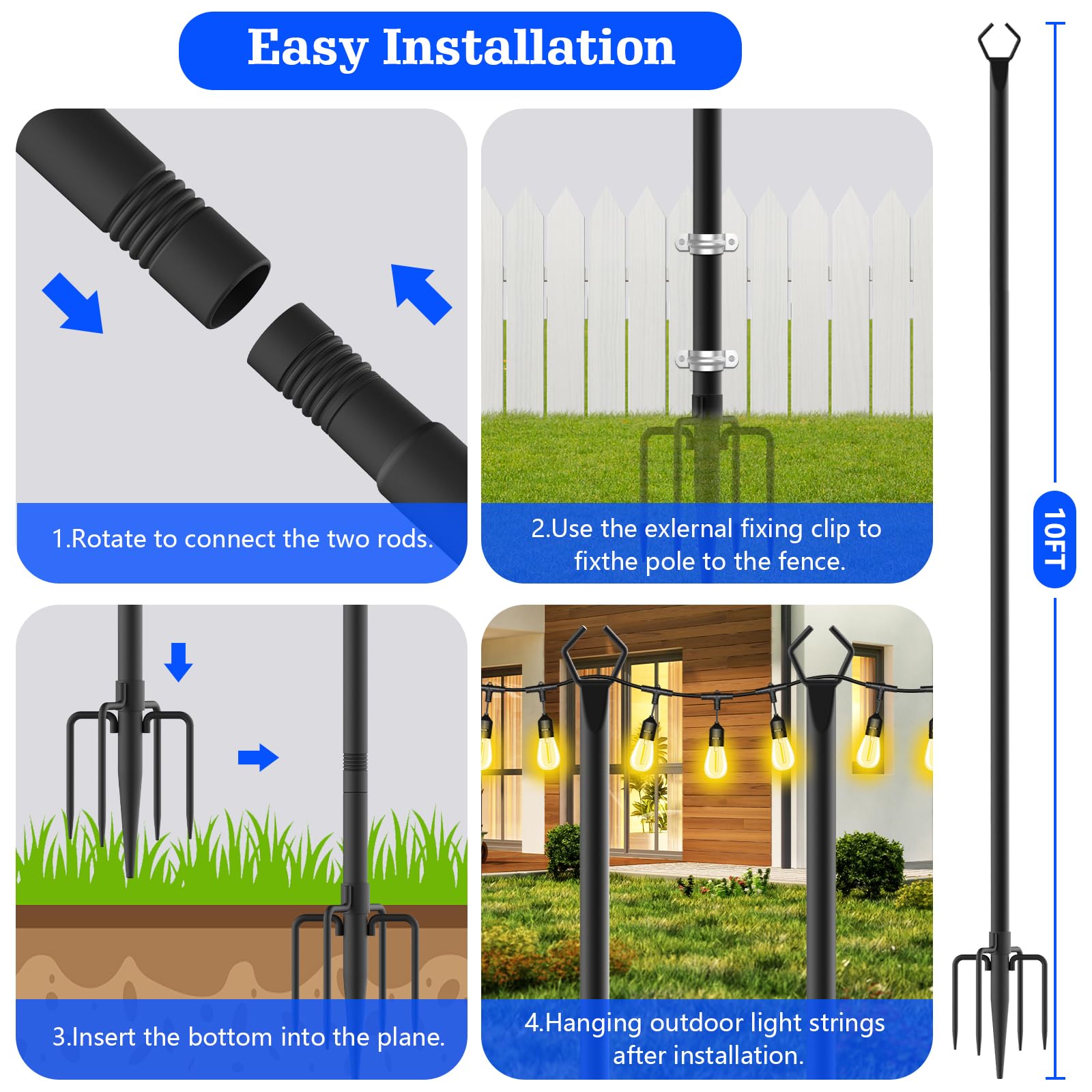 4 Pack String Light Poles,10 Ft Metal Poles with Fork for Outdoor String Lights,Outdoor Light Poles with Fork,Poles/Post/Stand for Outside,Patio,Deck,Backyard,Garden Wedding,Party